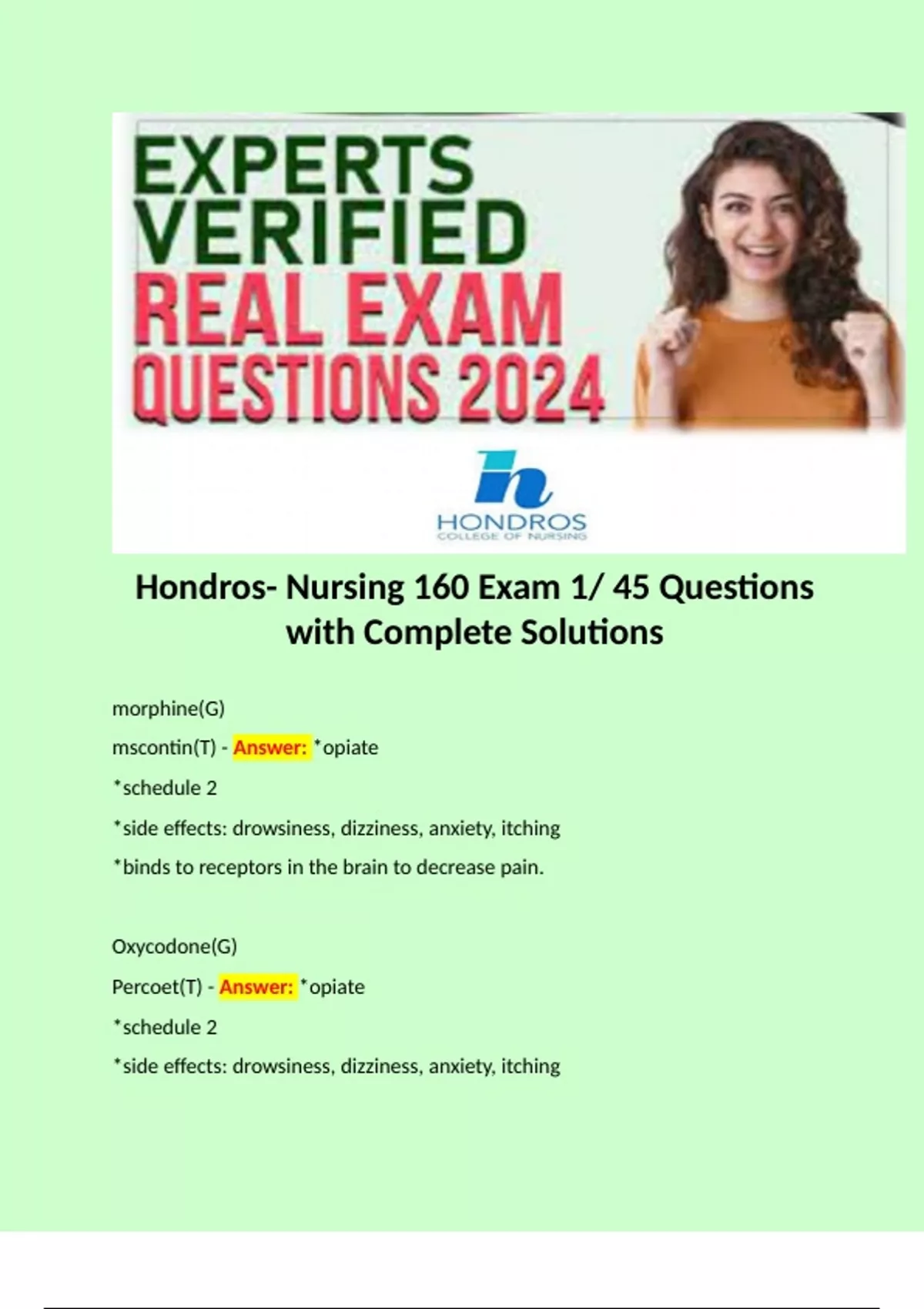 Hondros- Nursing 160 Exam 1/ 45 Questions with Complete Solutions ...
