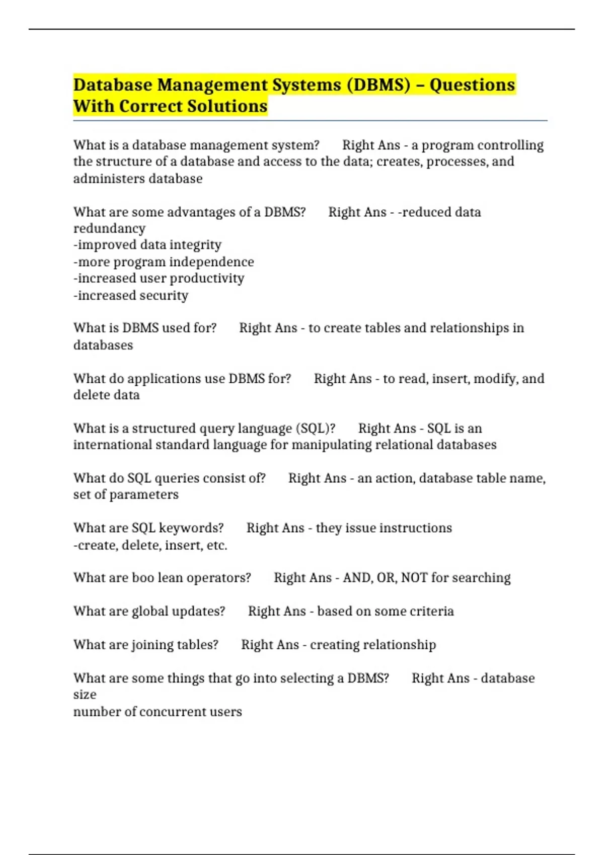 Database Management Systems (DBMS) – Questions With Correct Solutions - DBMS - Stuvia US