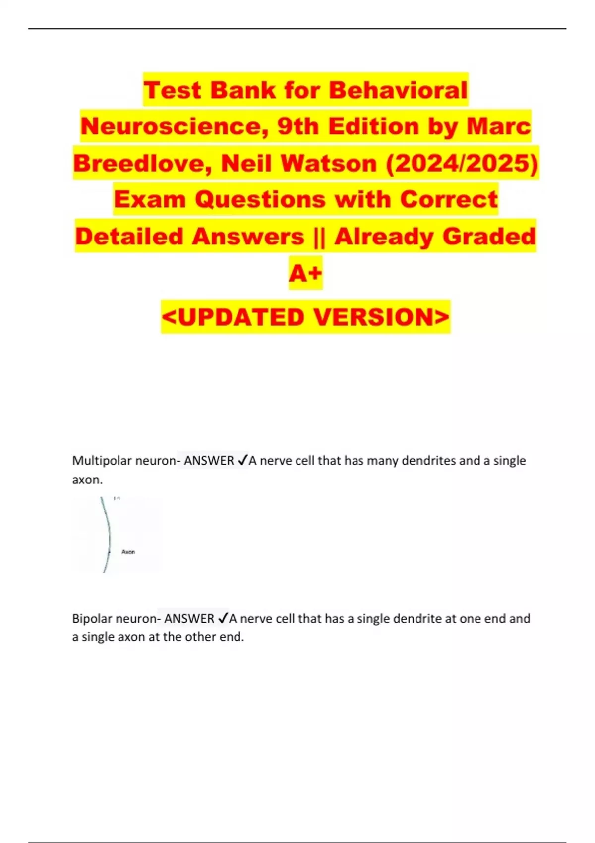 Test Bank for Behavioral Neuroscience, 9th Edition by Marc Breedlove ...