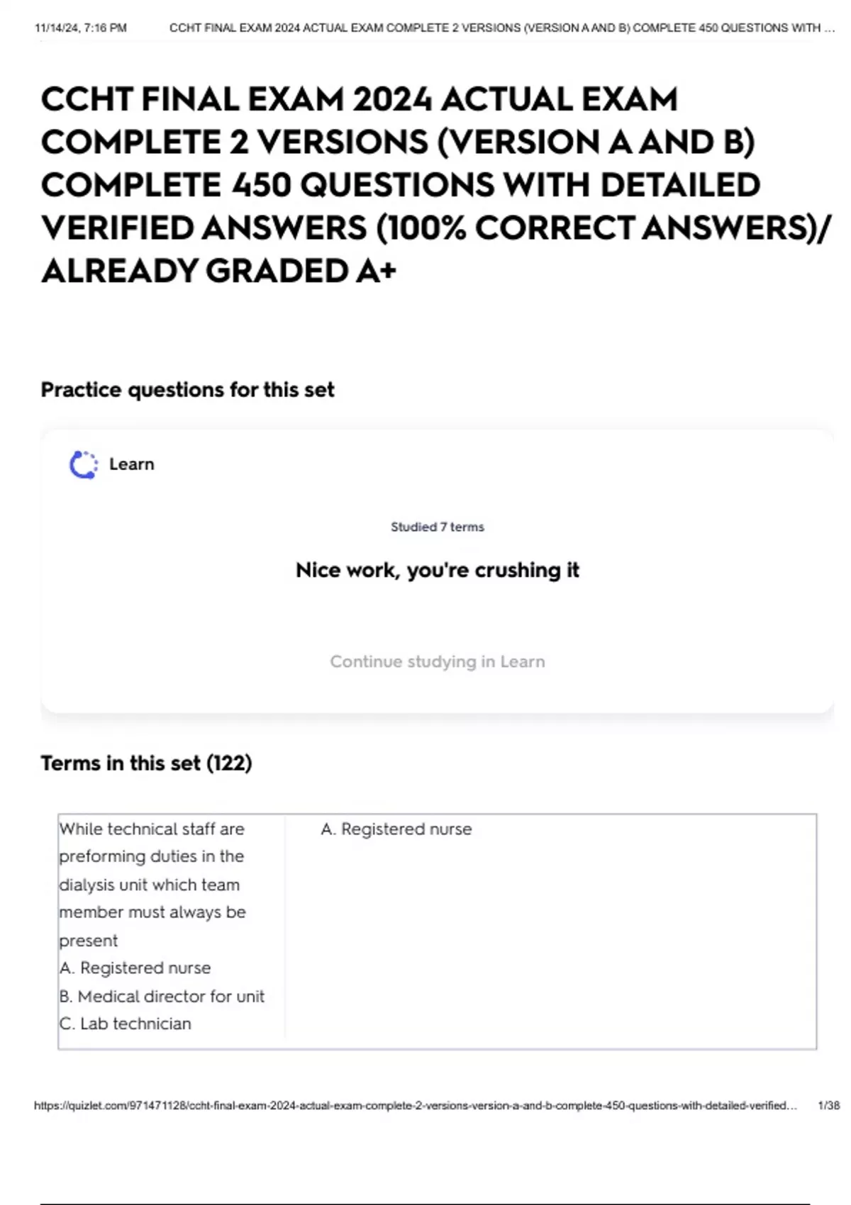 CCHT FINAL EXAM 2024 ACTUAL EXAM COMPLETE 2 VERSIONS (VERSION A AND B ...