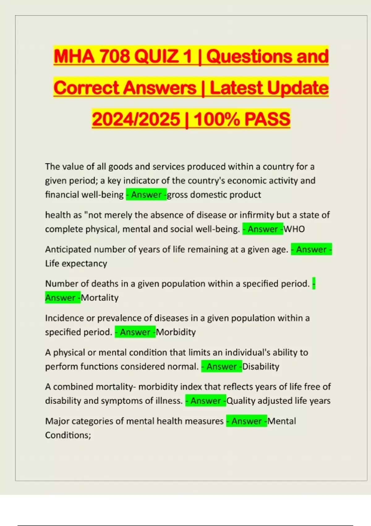 MHA 708 QUIZ 1 | Questions and Correct Answers | Latest Update 2024/ ...