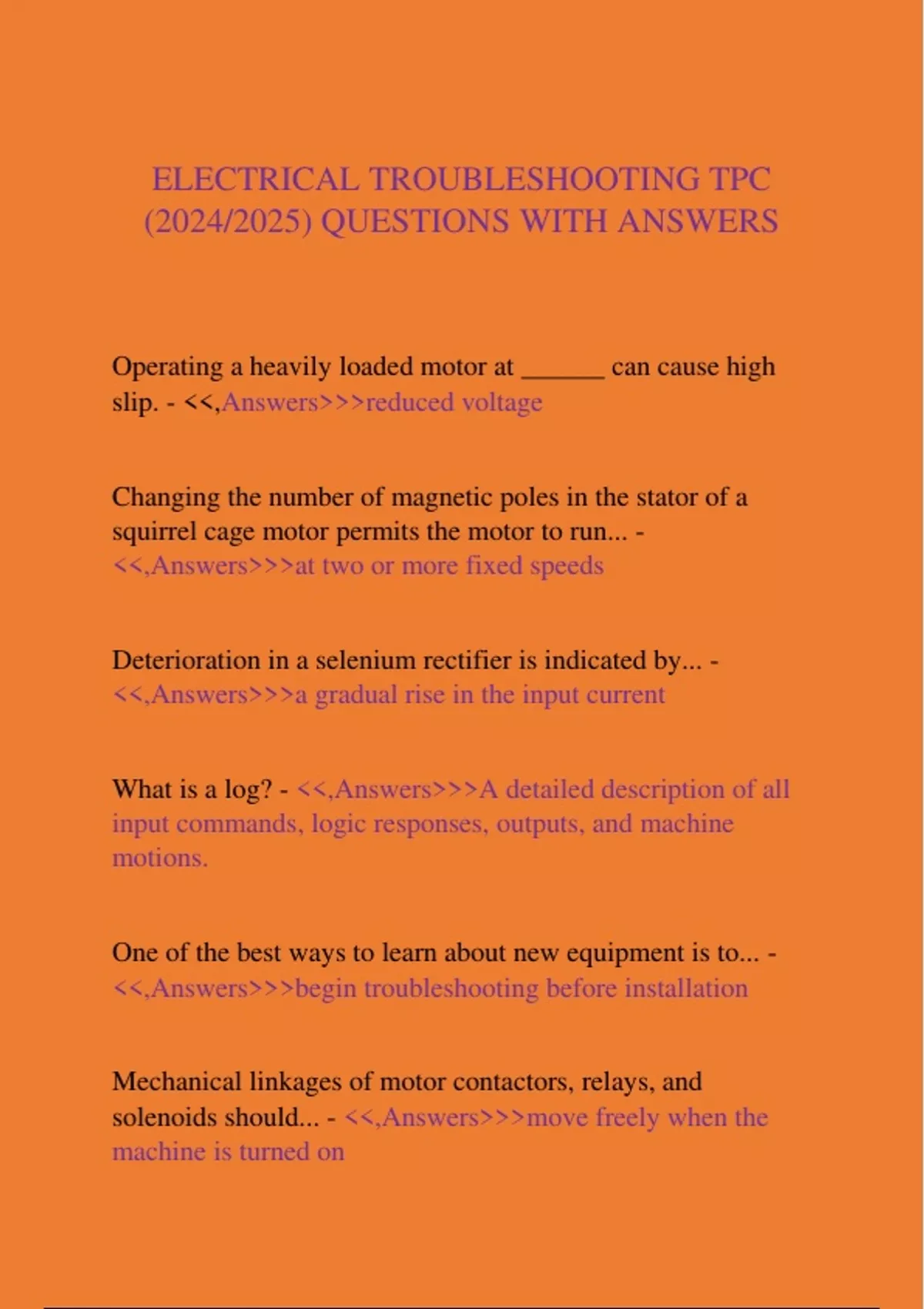 ELECTRICAL TROUBLESHOOTING TPC (2024/2025) QUESTIONS WITH ANSWERS ...
