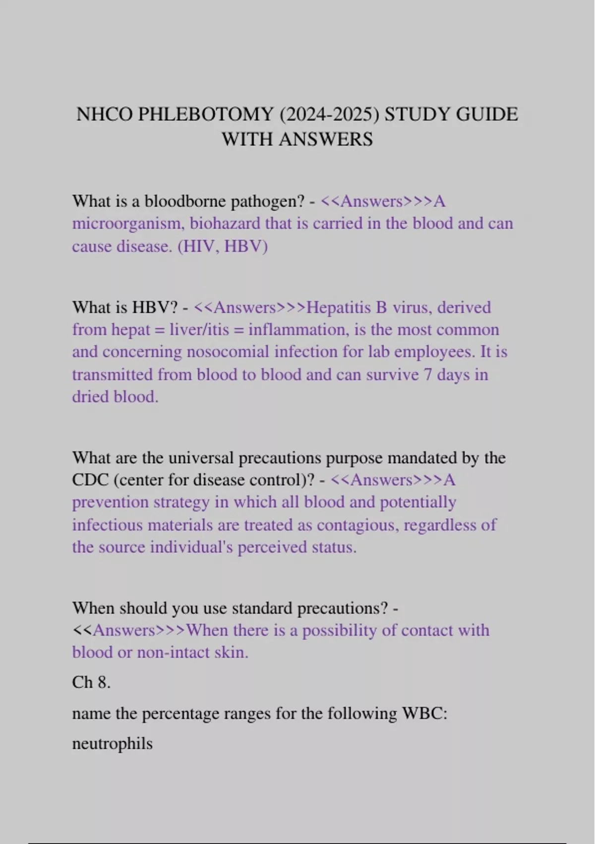NHCO PHLEBOTOMY () STUDY GUIDE WITH ANSWERS - NHCO PHLEBOTOMY - Stuvia US