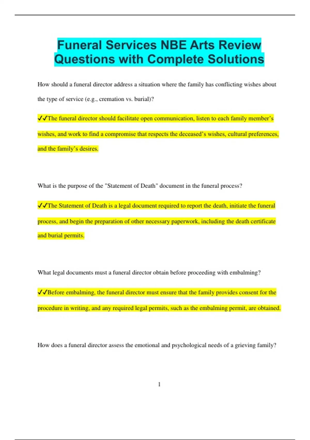 Funeral Services NBE Arts Review Questions with Complete Solutions ...