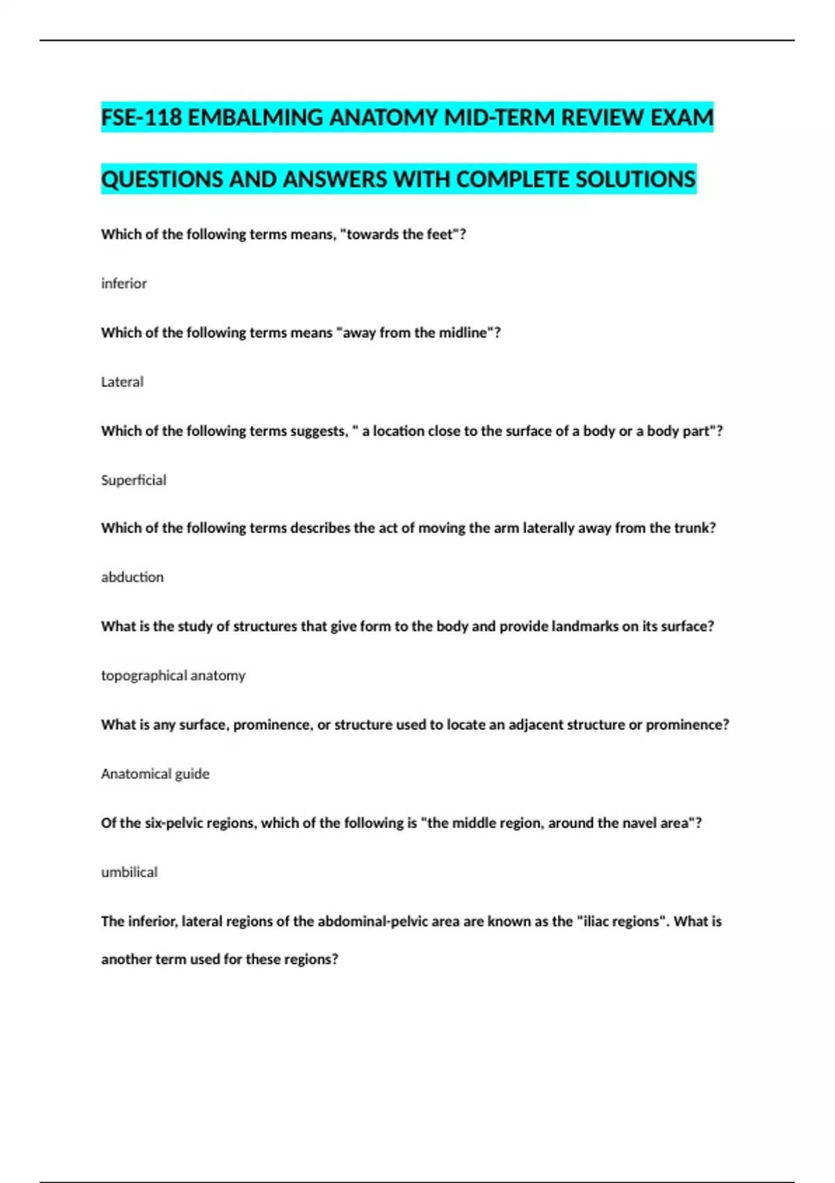 FSE-118 EMBALMING ANATOMY MID-TERM REVIEW EXAM QUESTIONS AND ANSWERS ...