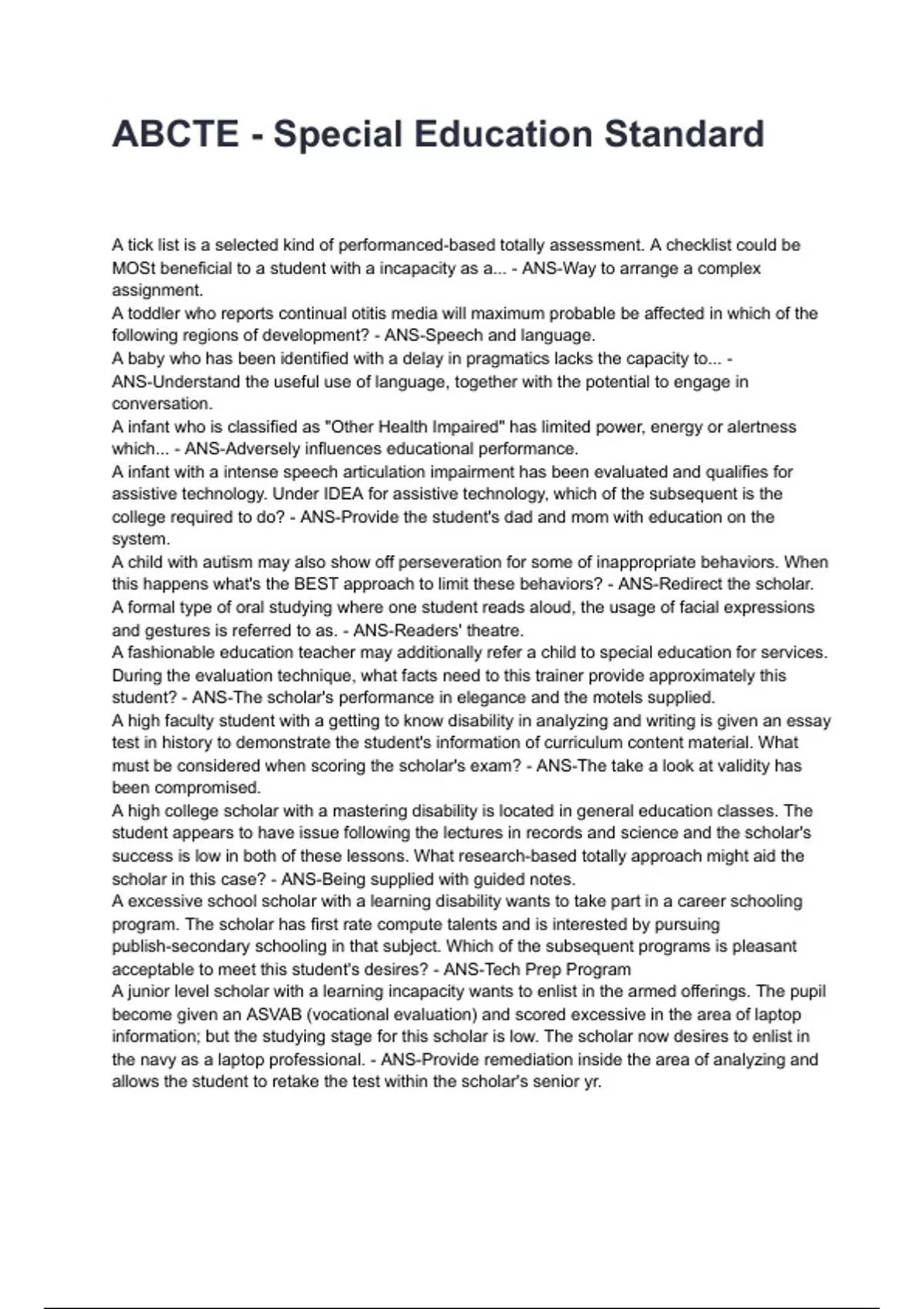 ABCTE - Special Education Standard QUESTIONS AND CORRECT DETAILED ...