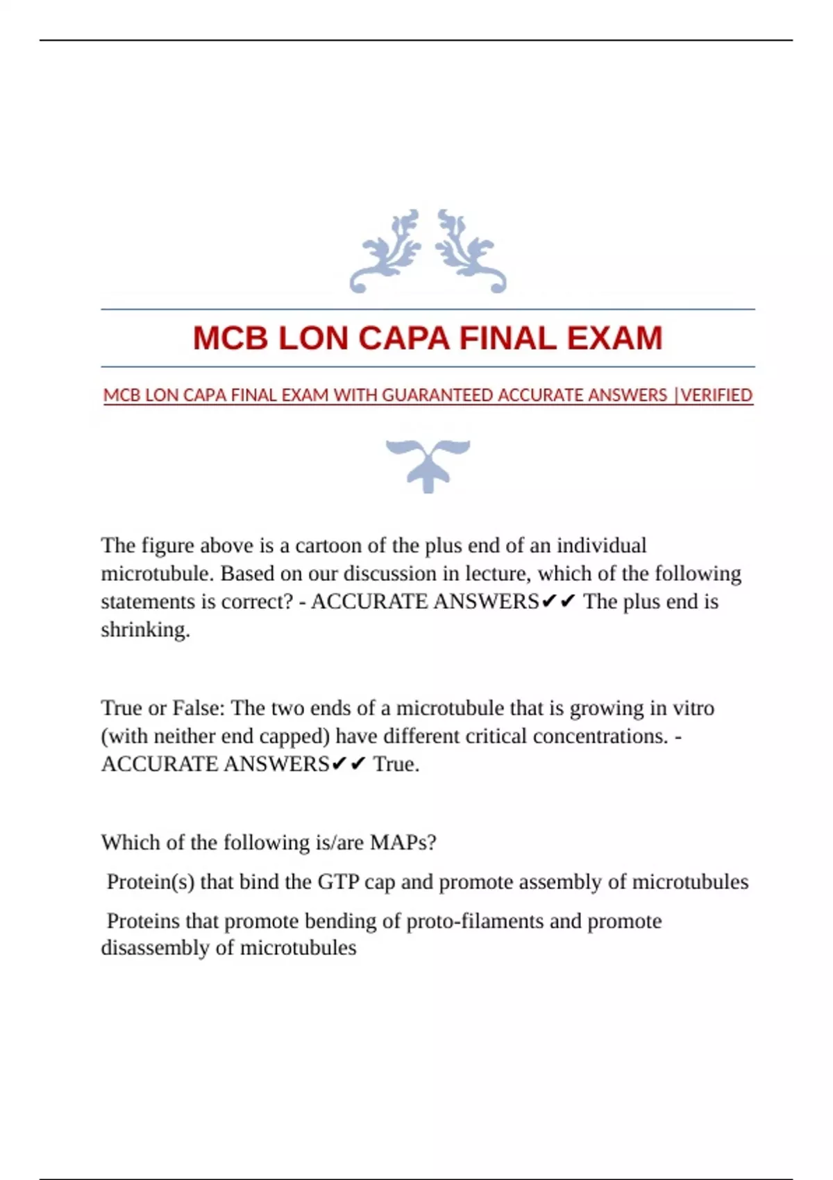 MCB LON CAPA FINAL EXAM WITH GUARANTEED ACCURATE ANSWERS |VERIFIED - MCB LON CAPA - Stuvia SA