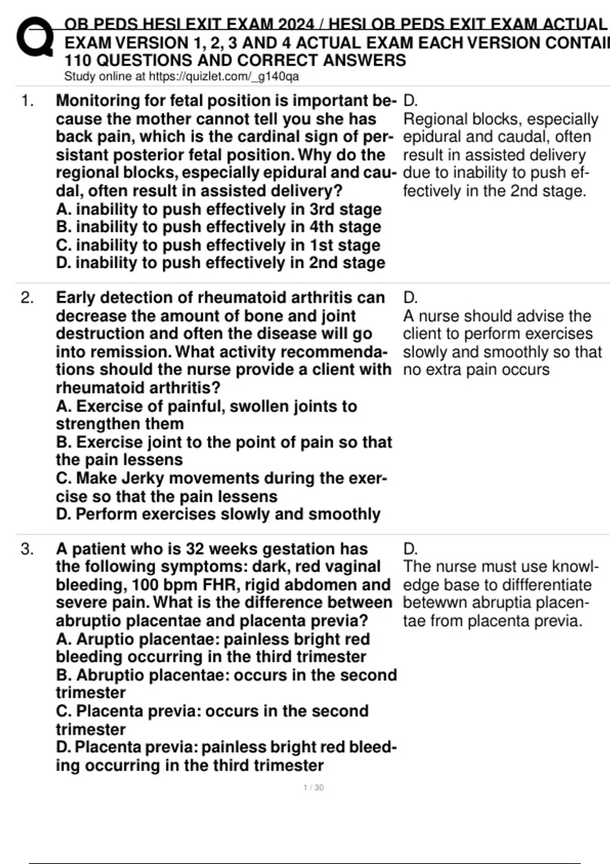 OB PEDS HESI EXIT EXAM 2024 HESI OB PEDS EXIT EXAM ACTUAL EXAM VERSION 1, 2, 3 AND 4 ACTUAL EXAM ...