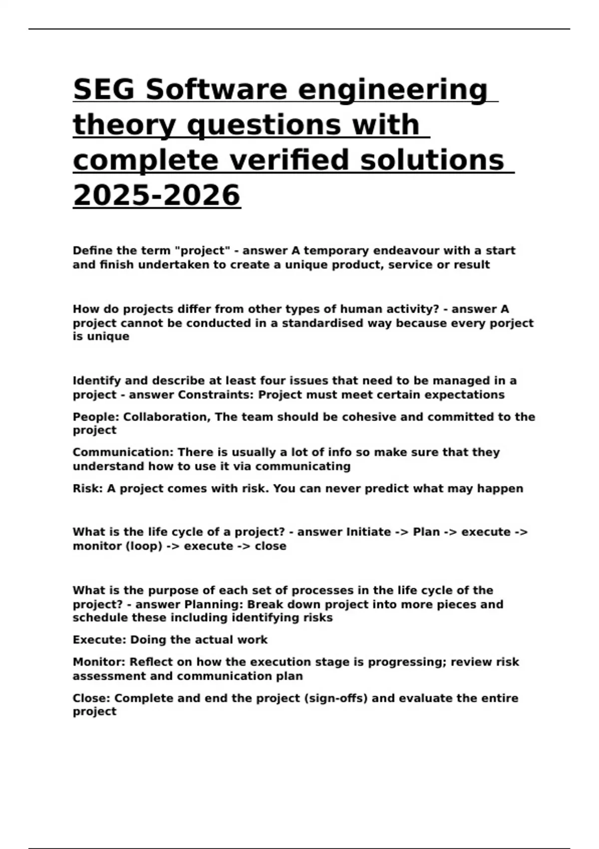 SEG Software engineering theory questions with complete verified ...