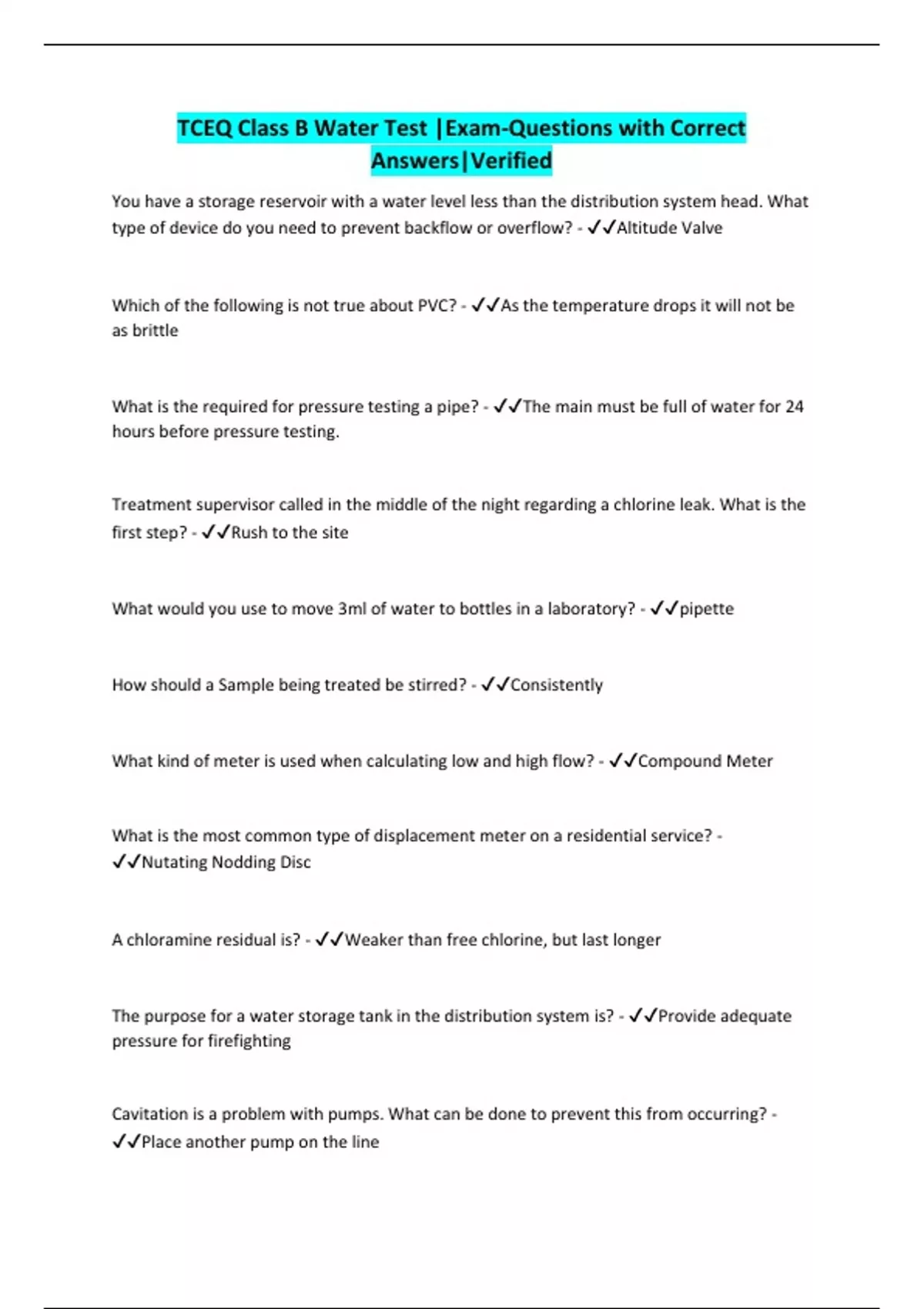 TCEQ Class B Water Test |Exam-Questions with Correct Answers|Verified ...