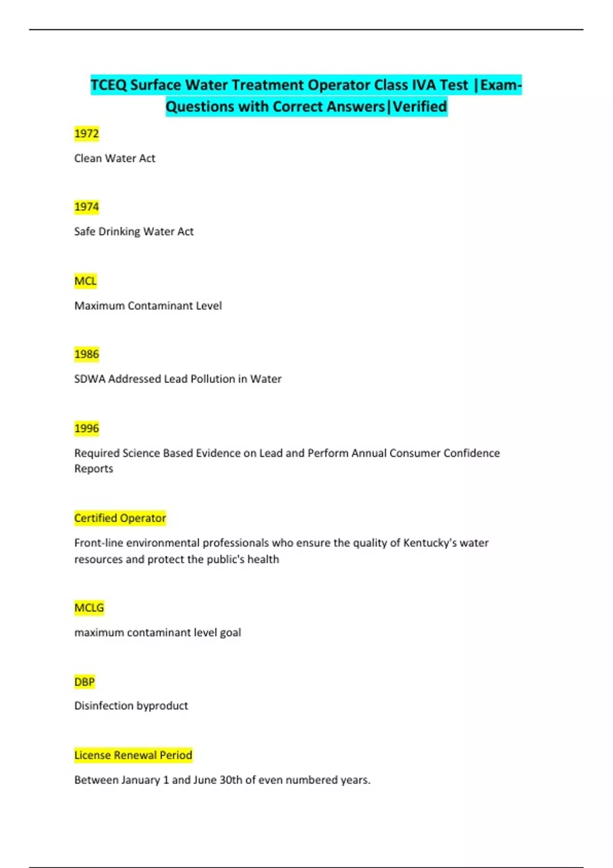 TCEQ Surface Water Treatment Operator Class IVA Test |ExamQuestions ...