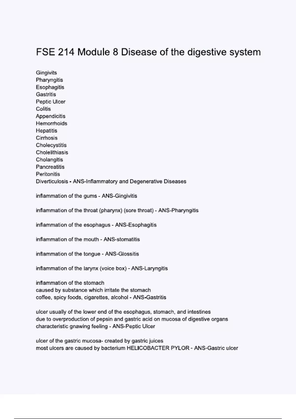 FSE 214 Module 8 Disease of the digestive system exam questions with ...