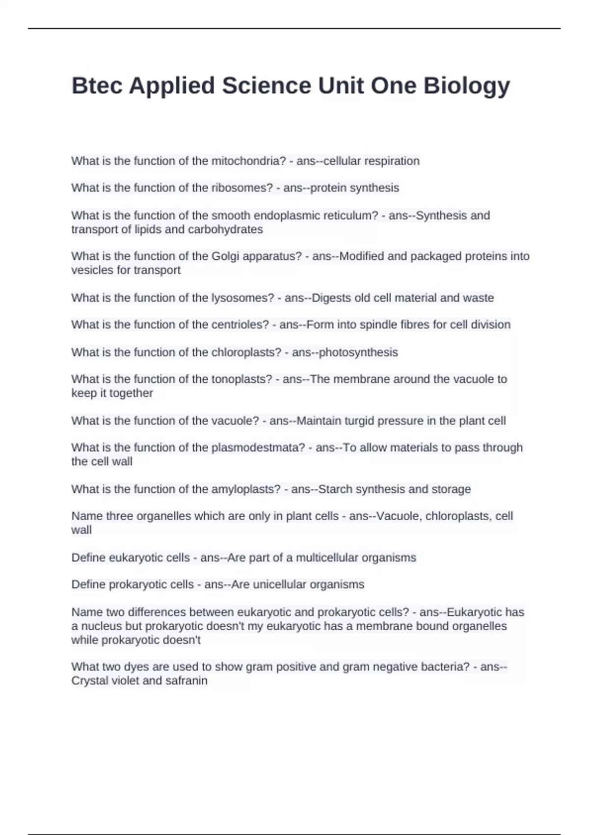 BTEC APPLIED SCIENCE UNIT 1 BIOLOGY - BTEC APPLIED SCIENCE UNIT ONE ...