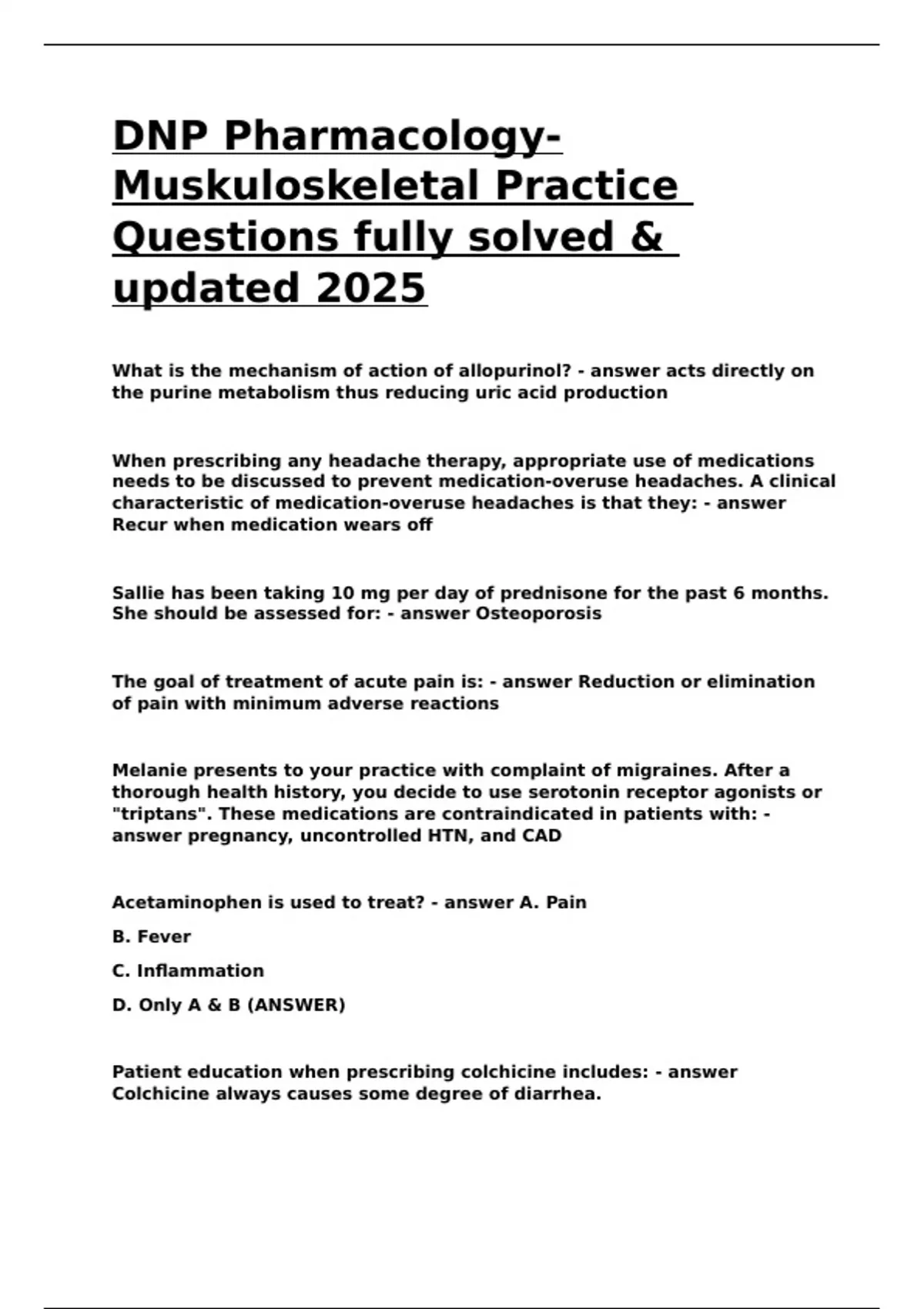 DNP Pharmacology-Muskuloskeletal Practice Questions fully solved & updated 2025 - DNP ...