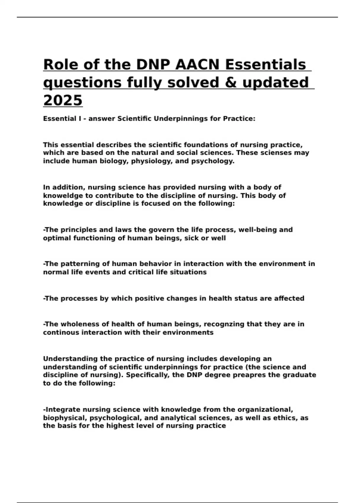 Role of the DNP AACN Essentials questions fully solved & updated 2025 - DNP Hematologic & EENT ...