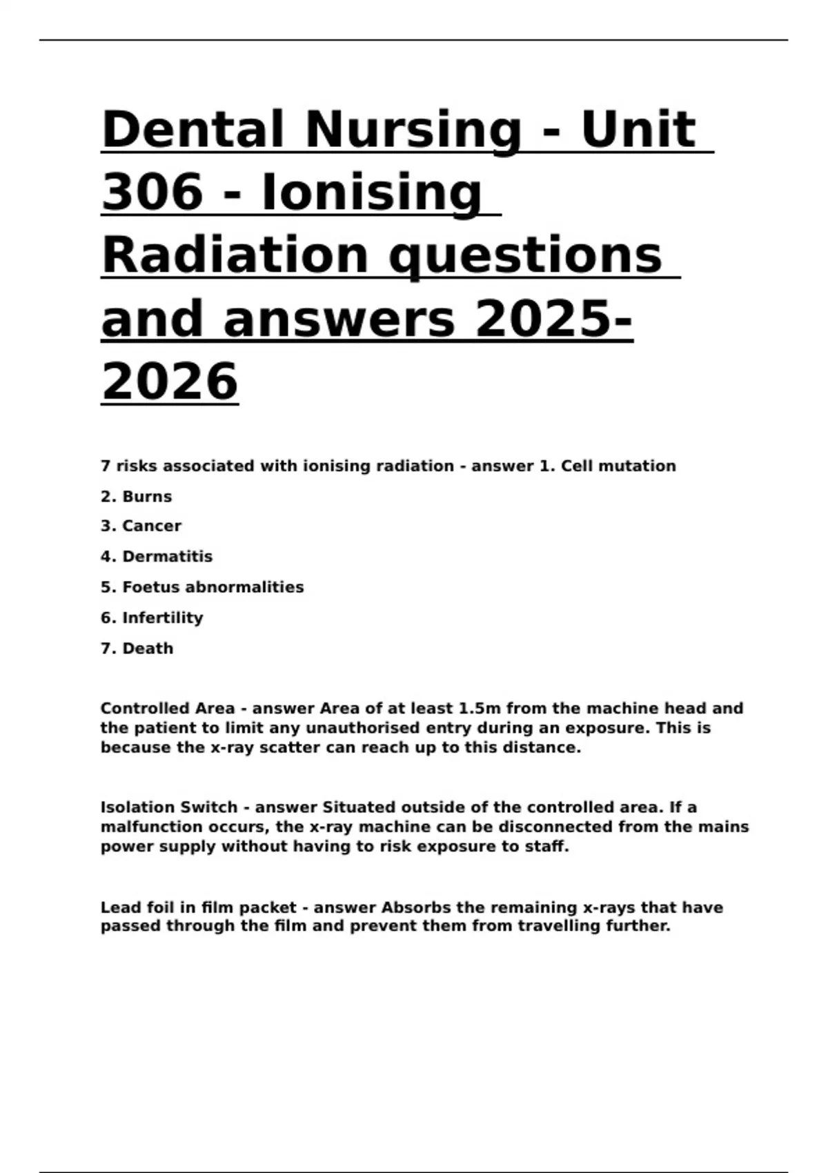 Dental Nursing - Unit 306 - Ionising Radiation questions and answers ...