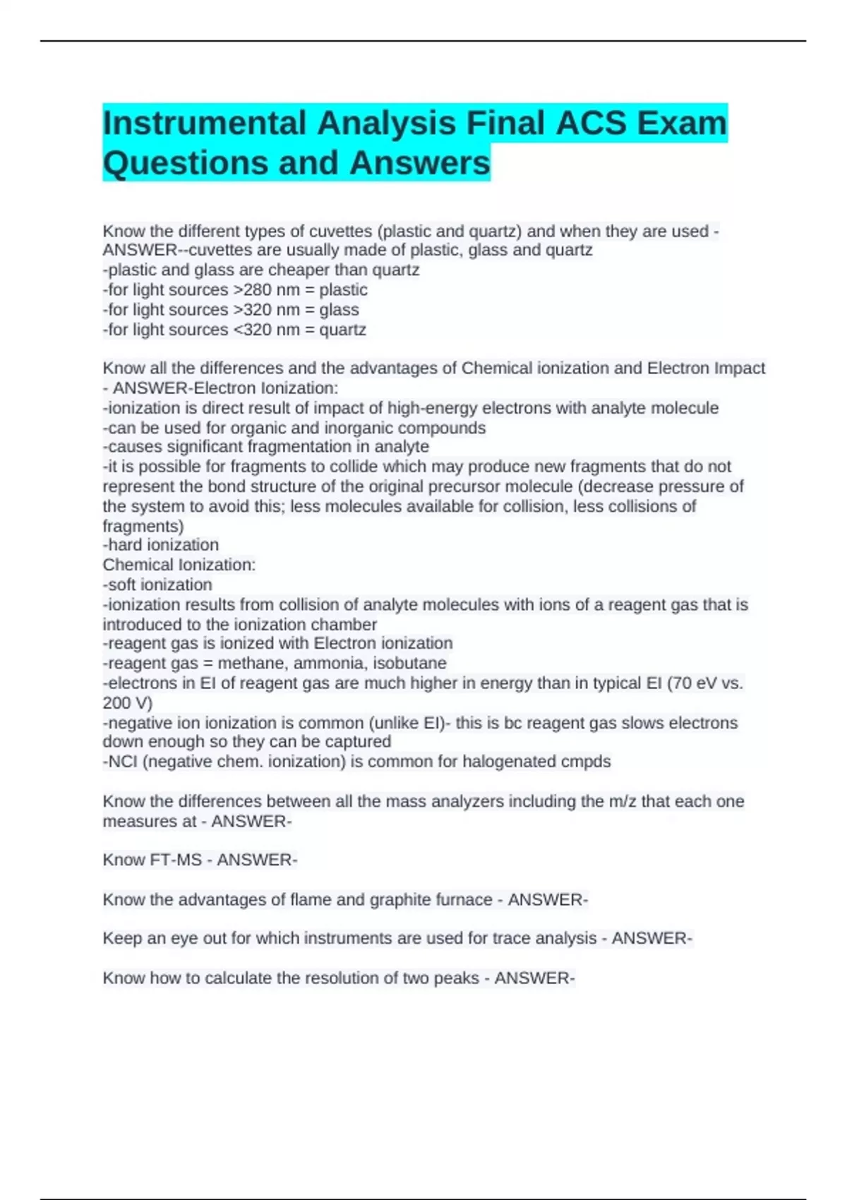 Instrumental Analysis Final ACS Exam Questions and Answers ...