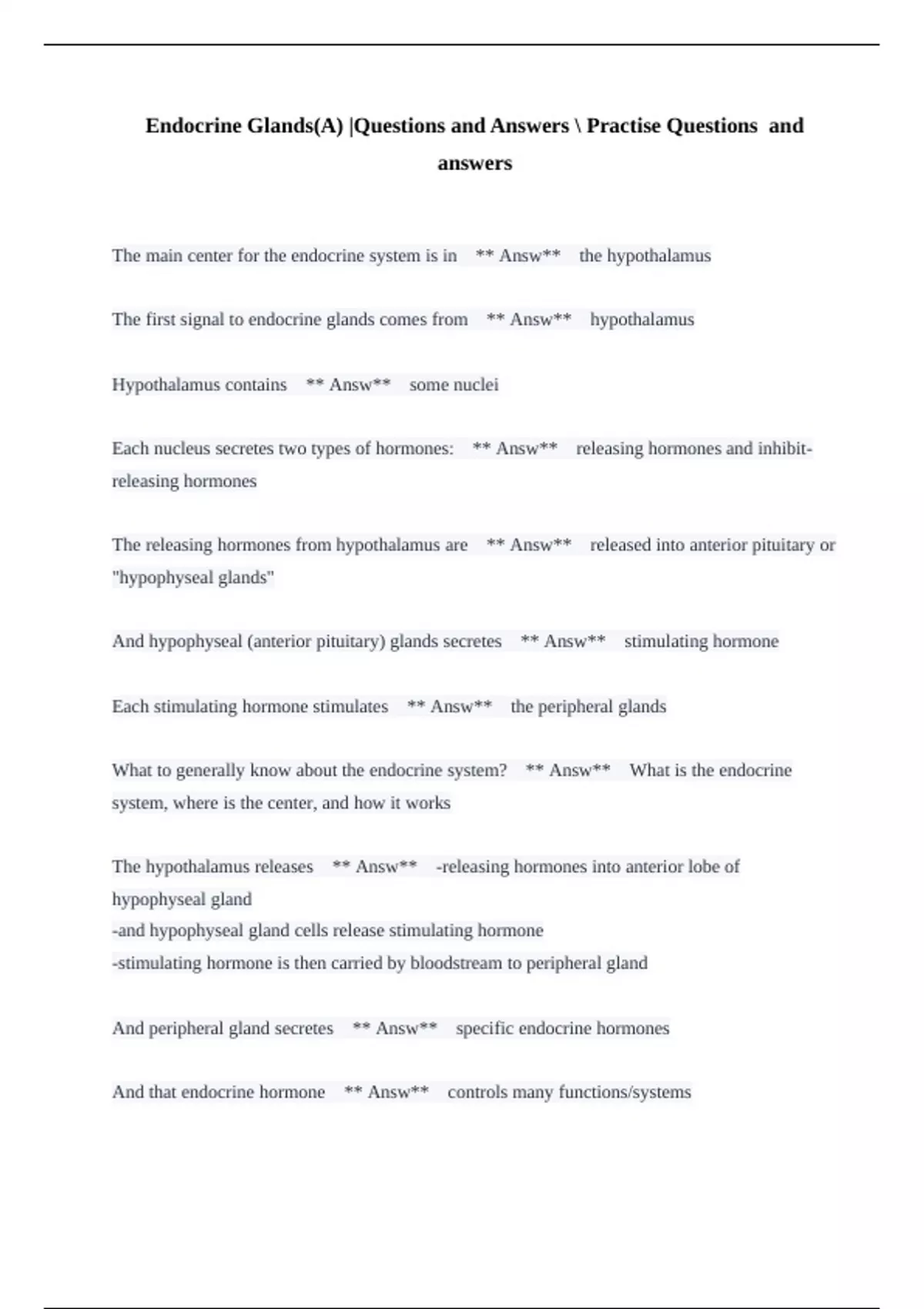 Endocrine Glands(A) |Questions and Answers Practise Questions and ...