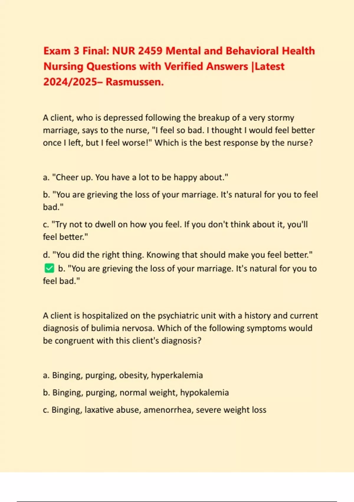 Exam 3 Final: NUR 2459 Mental and Behavioral Health Nursing Questions ...