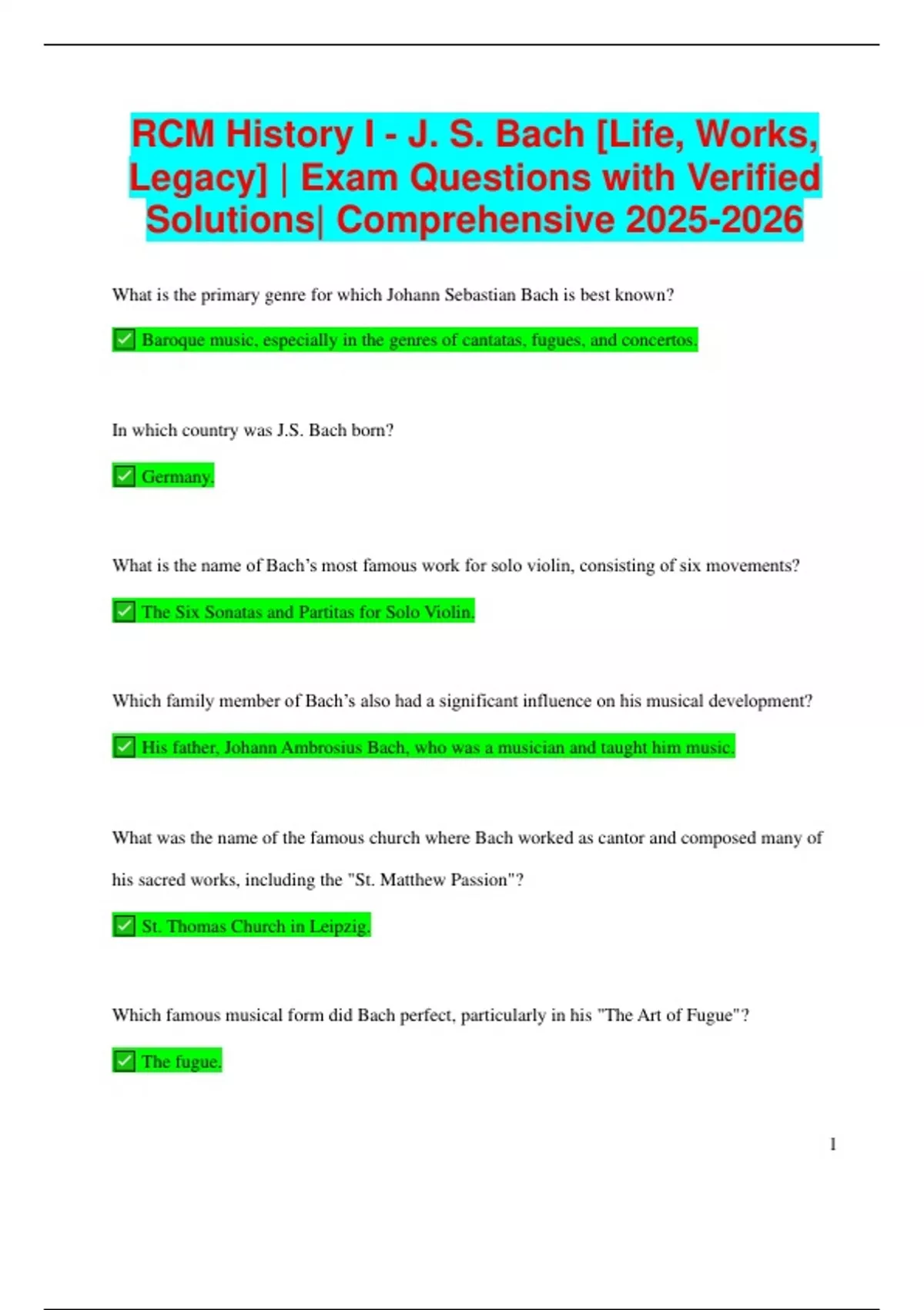 RCM History I - J. S. Bach [Life, Works, Legacy] | Exam Questions with ...