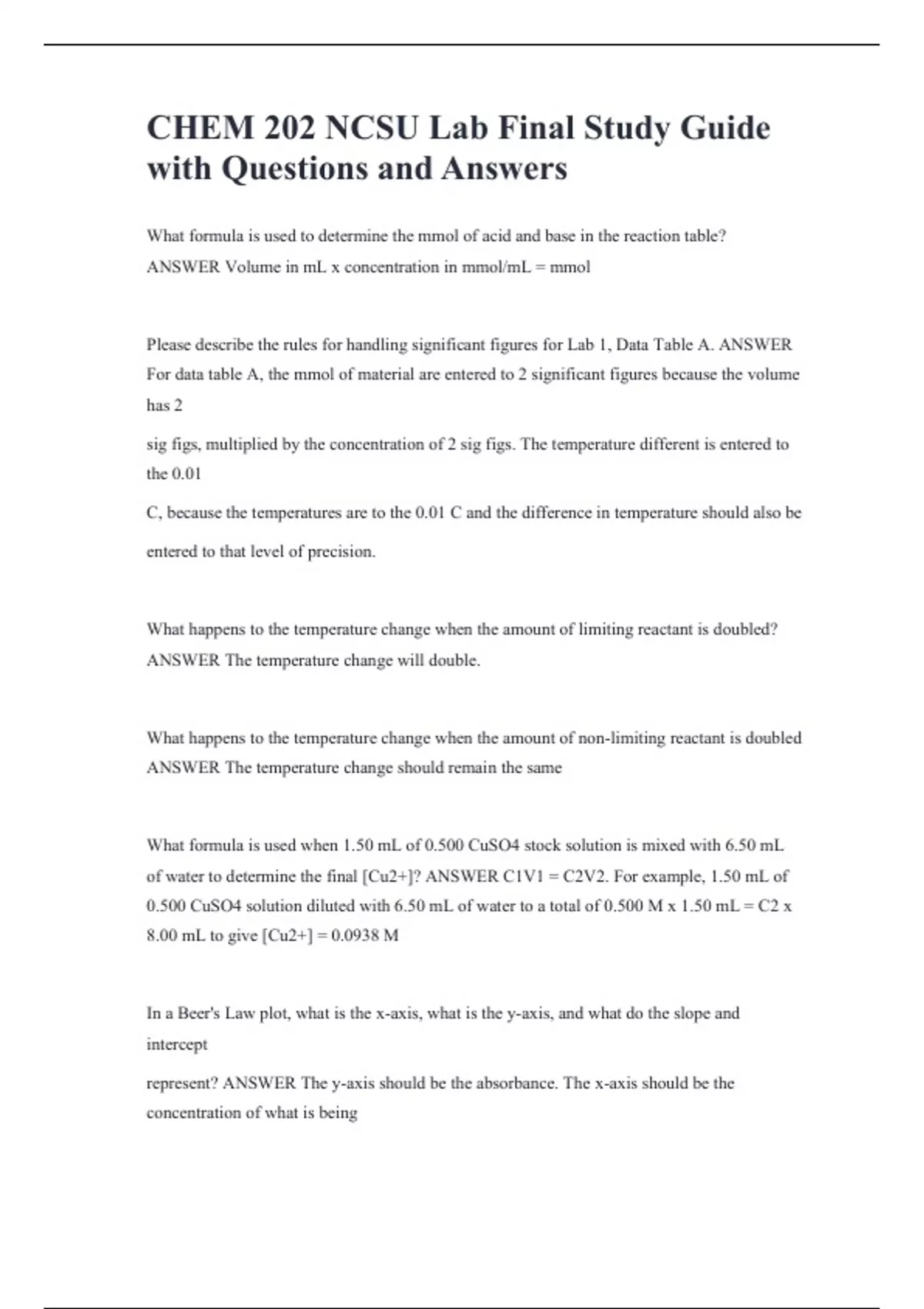 CHEM 202 NCSU Lab Final Study Guide with Questions and Answers - CHEM ...