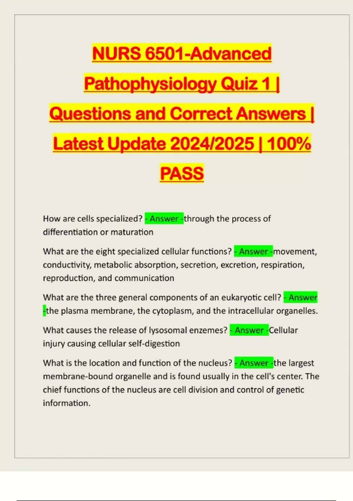 NURS 6501-Advanced Pathophysiology Quiz 1 | Questions and Correct ...