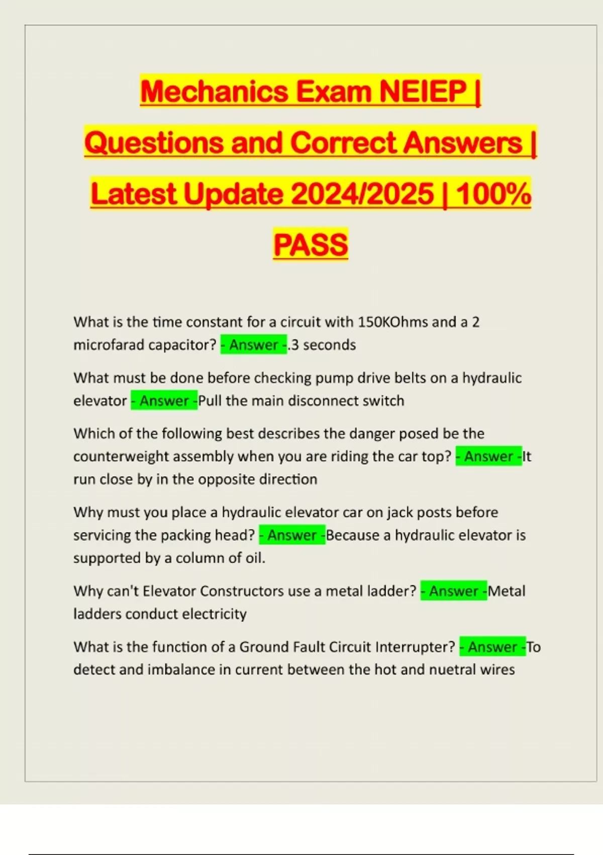 Mechanics Exam NEIEP | Questions and Correct Answers | Latest Update ...