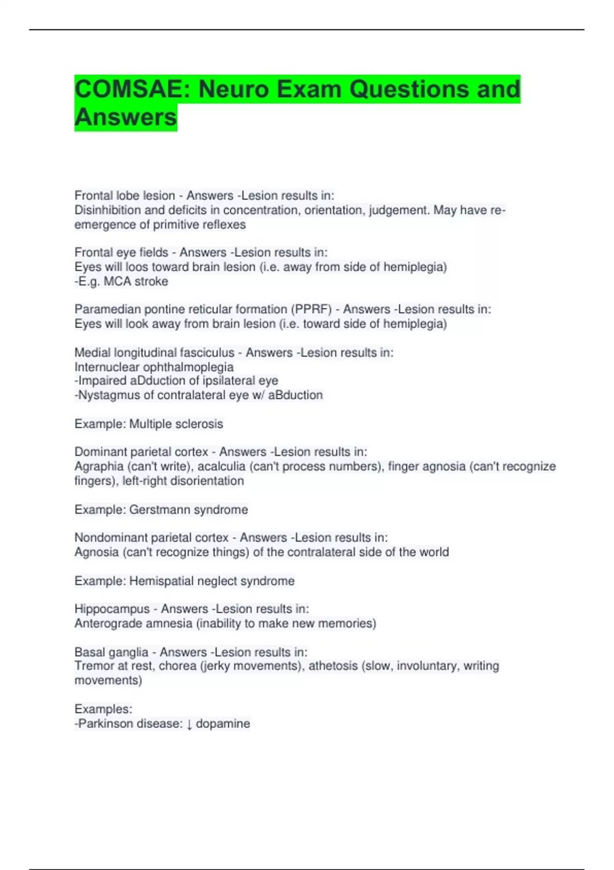 COMSAE Neuro Exam Questions and Answers - COMSAE - Stuvia US