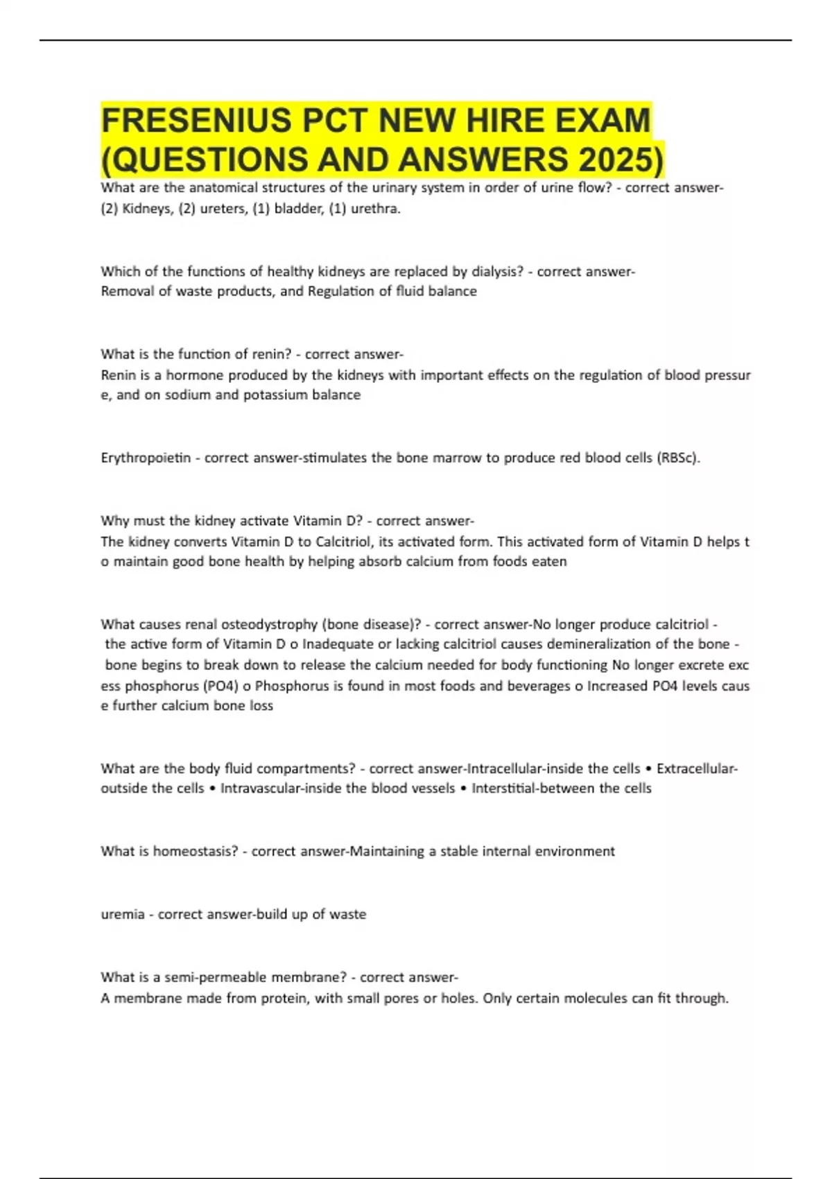 FRESENIUS PCT NEW HIRE EXAM (QUESTIONS AND ANSWERS 2025) - Fresenius - Stuvia US