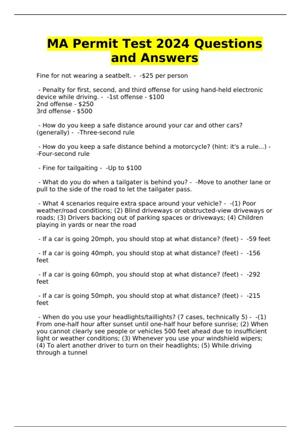 MA Permit Test 2024 Questions and Answers - MA Permit Test 2024 ...
