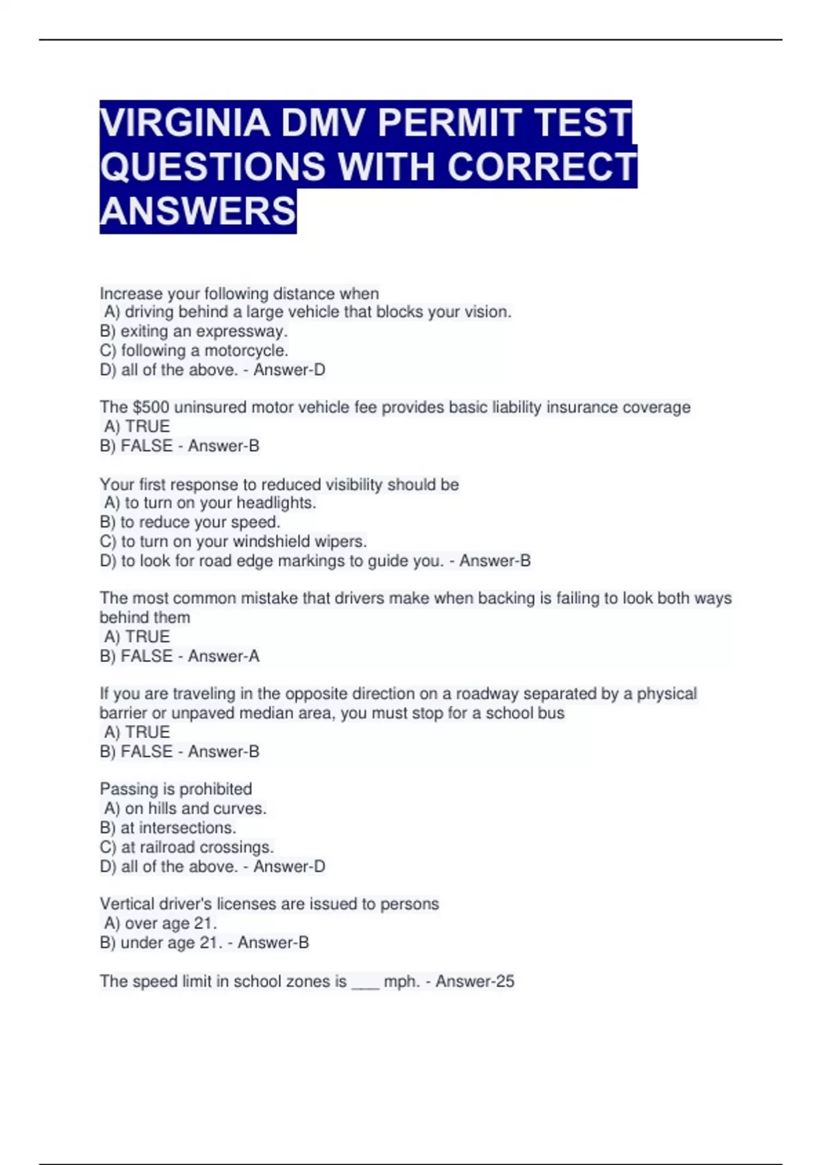 VIRGINIA DMV PERMIT TEST QUESTIONS WITH CORRECT ANSWERS - VIRGINIA DMV ...