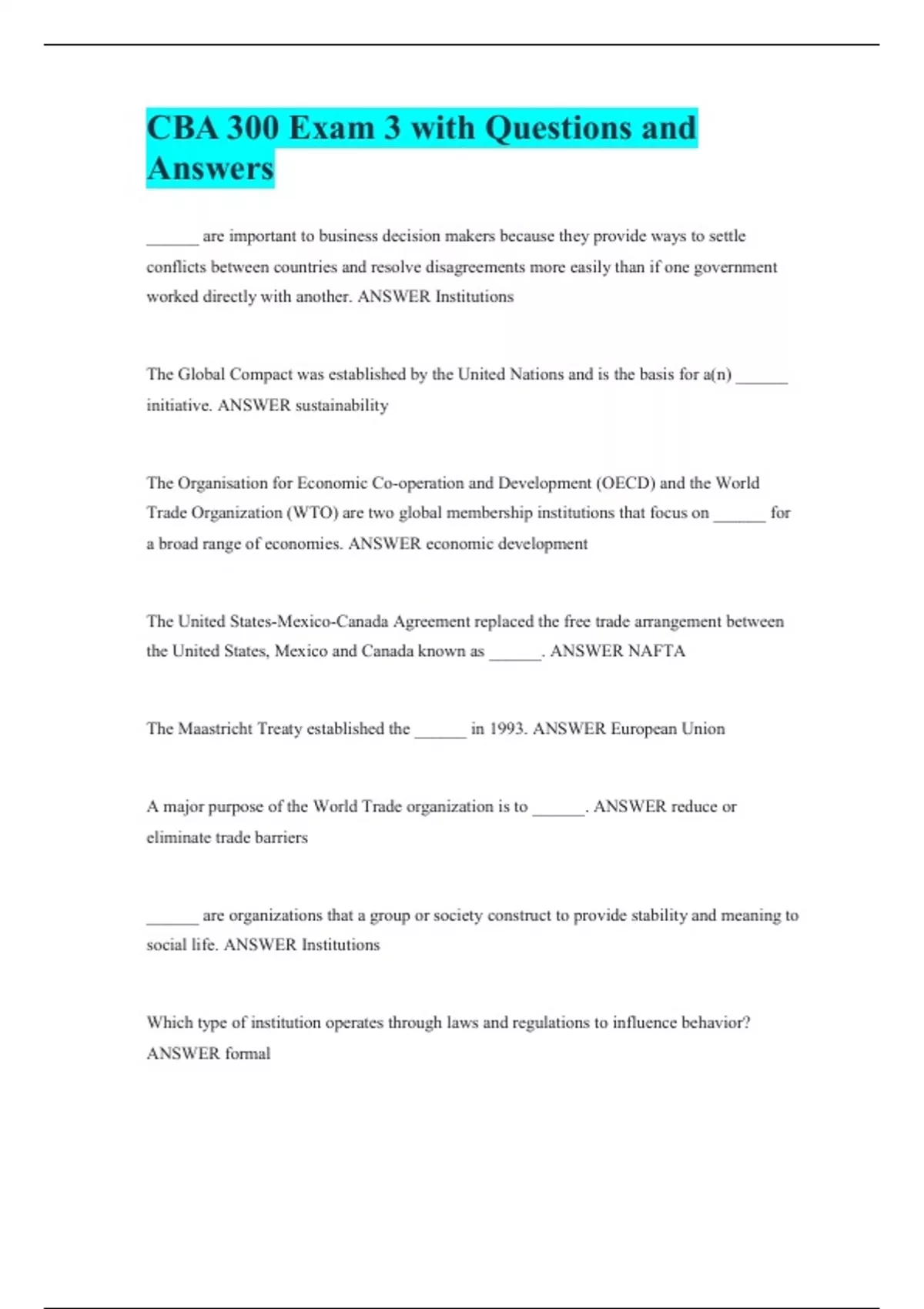 CBA 300 Exam 3 with Questions and Answers - CBA 300 - Stuvia US