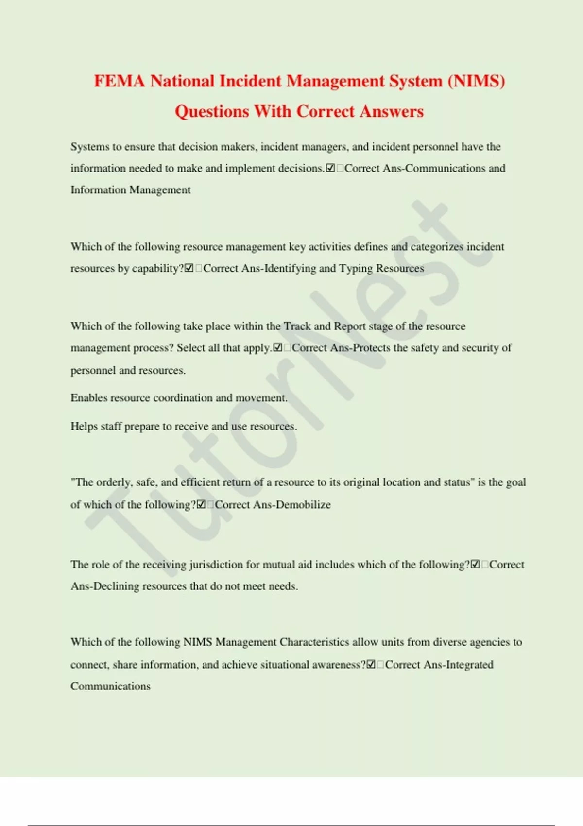 FEMA National Incident Management System (NIMS) Questions With Correct ...