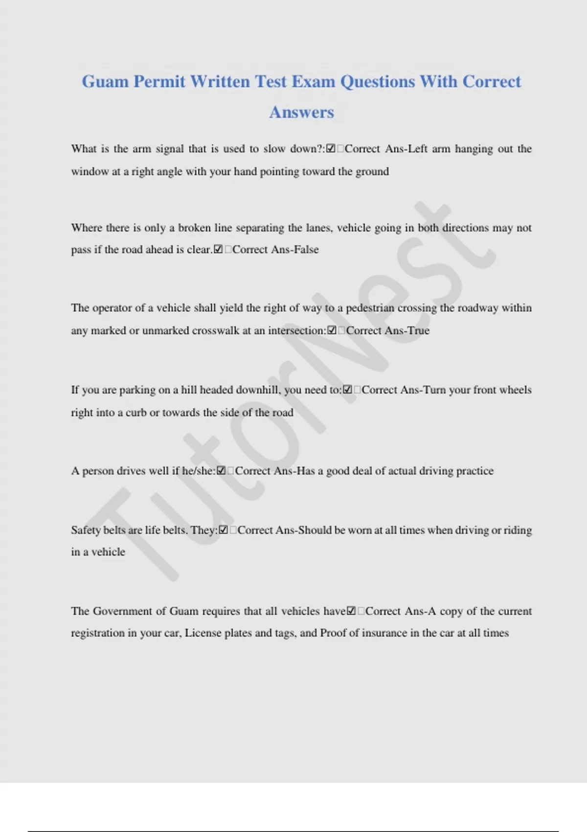 Guam Permit Written Test Exam Questions With Correct Answers - Guam ...
