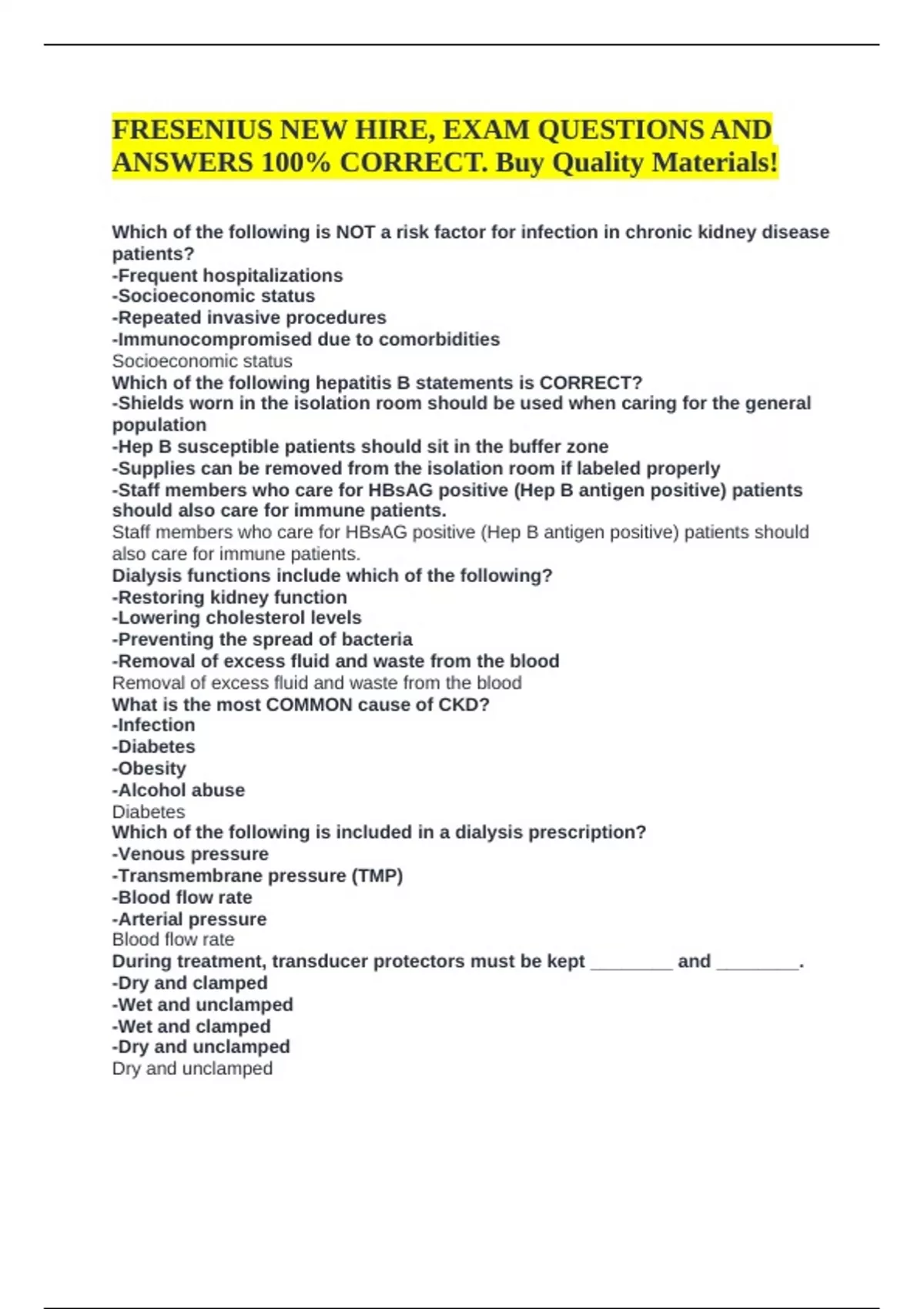 FRESENIUS NEW HIRE, EXAM QUESTIONS AND ANSWERS 100% CORRECT. Buy ...