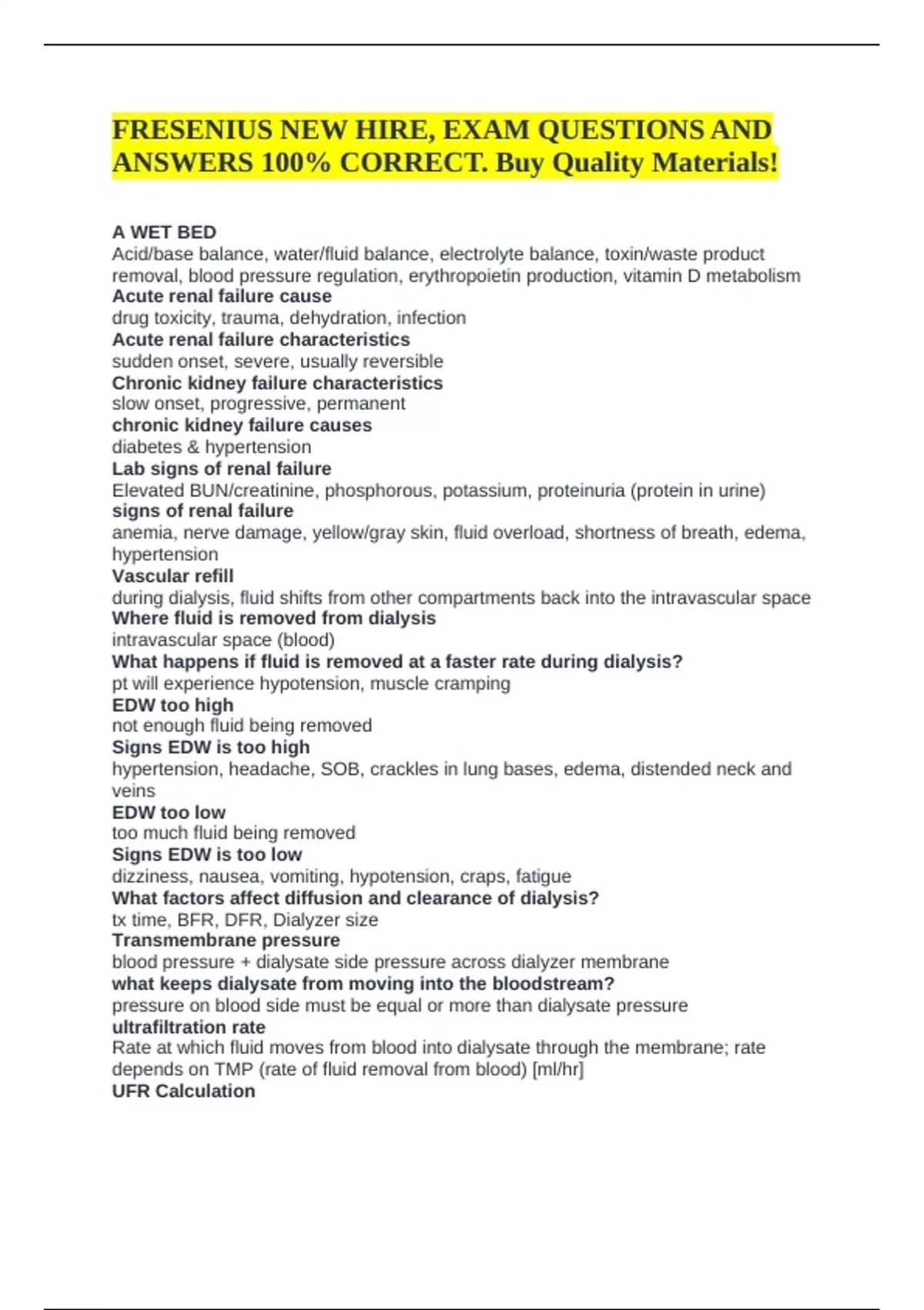 FRESENIUS NEW HIRE, EXAM QUESTIONS AND ANSWERS 100% CORRECT. Buy Quality Materials! - FRESENIUS ...