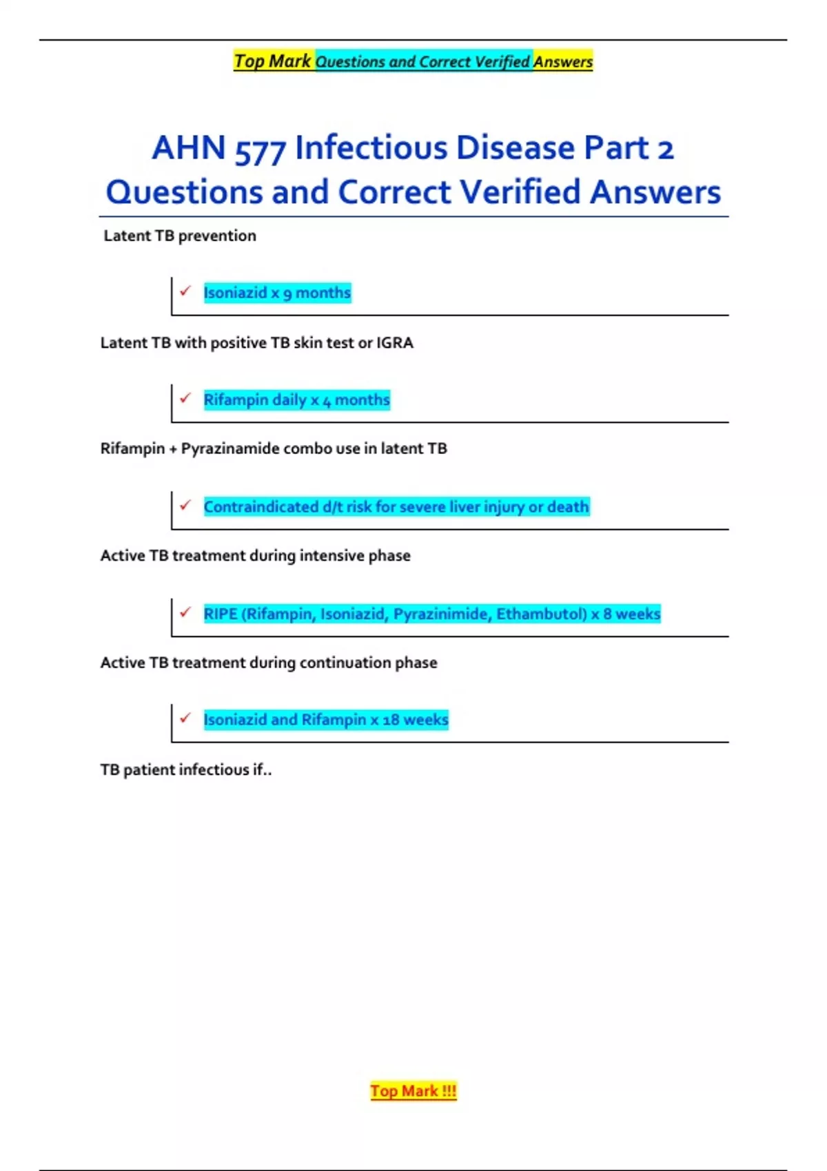 AHN 577 Infectious Disease Part 2 Questions and Correct Verified Answers - AHN - Stuvia US