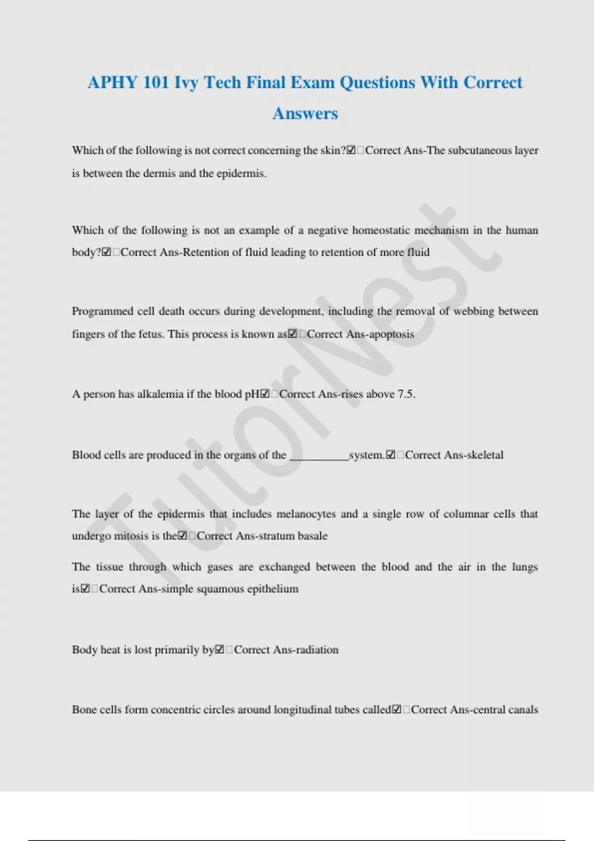 APHY 101 Ivy Tech Final Exam Questions With Correct Answers - APHY 101 ...