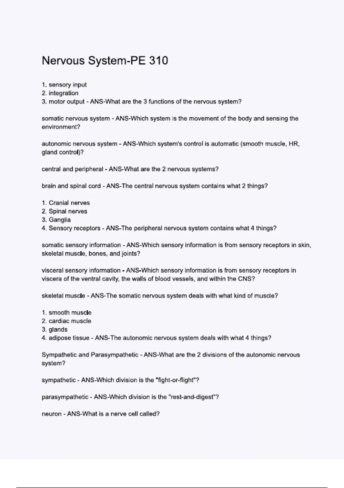 Nervous System-PE 310 exam questions with correct answers with complete ...