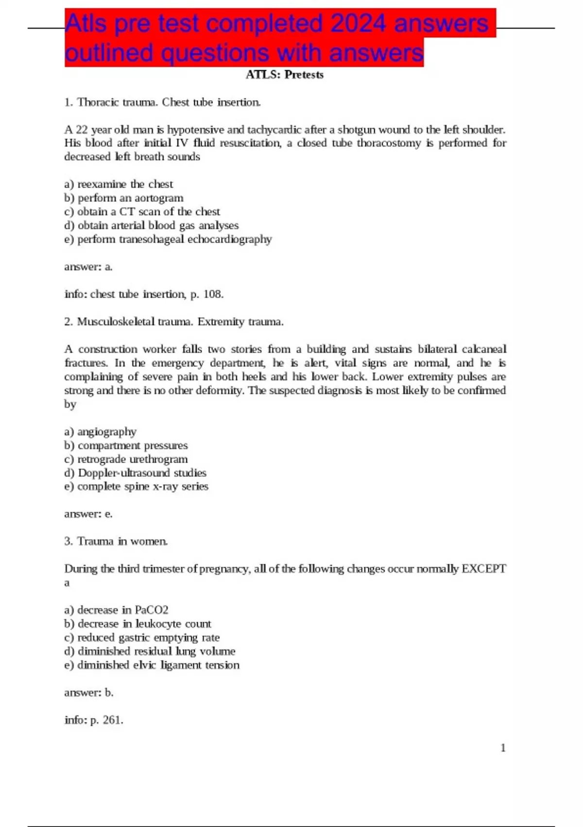 Atls pre test completed 2024 answers outlined questions with answers ...