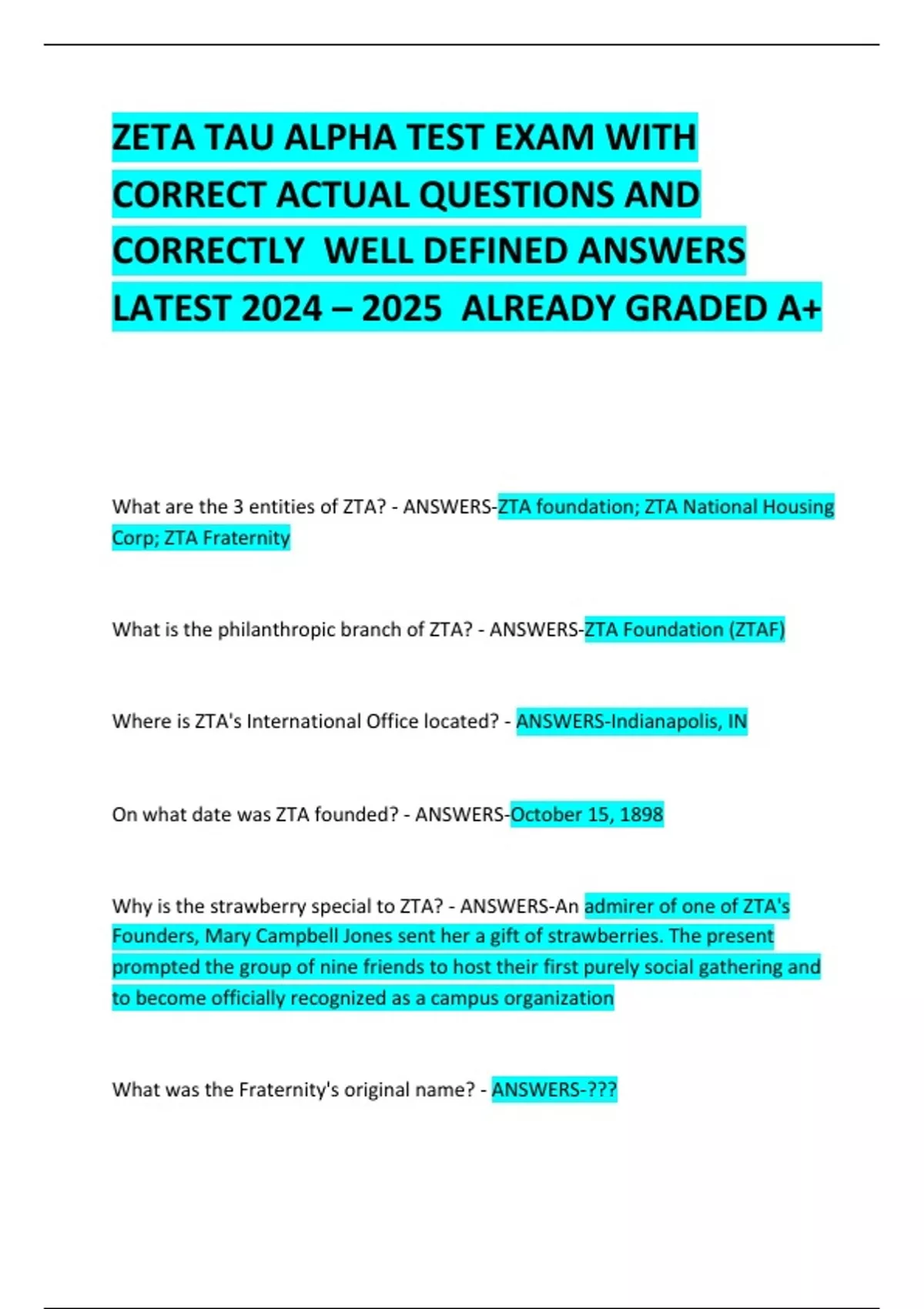 ZETA TAU ALPHA TEST EXAM WITH CORRECT ACTUAL QUESTIONS AND CORRECTLY ...