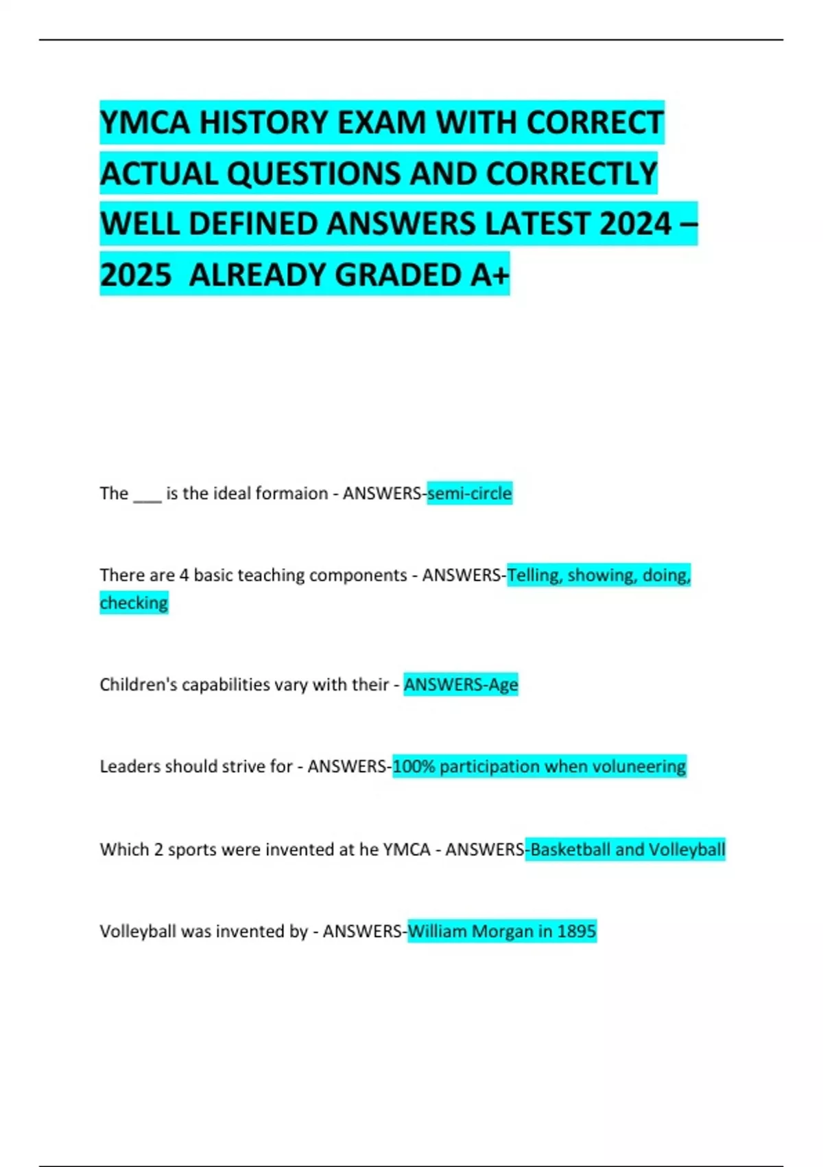 YMCA HISTORY EXAM WITH CORRECT ACTUAL QUESTIONS AND CORRECTLY WELL ...