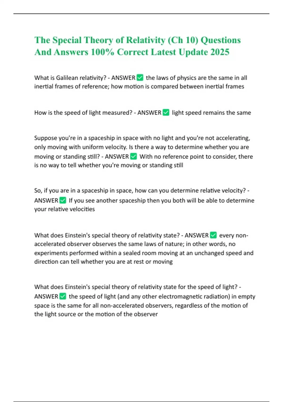 The Special Theory of Relativity (Ch 10) Questions And Answers 100% ...