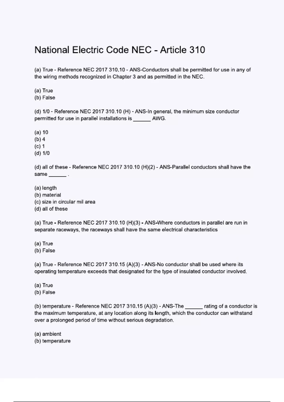 National Electric Code NEC - Article 310 exam questions with correct answers with complete A ...