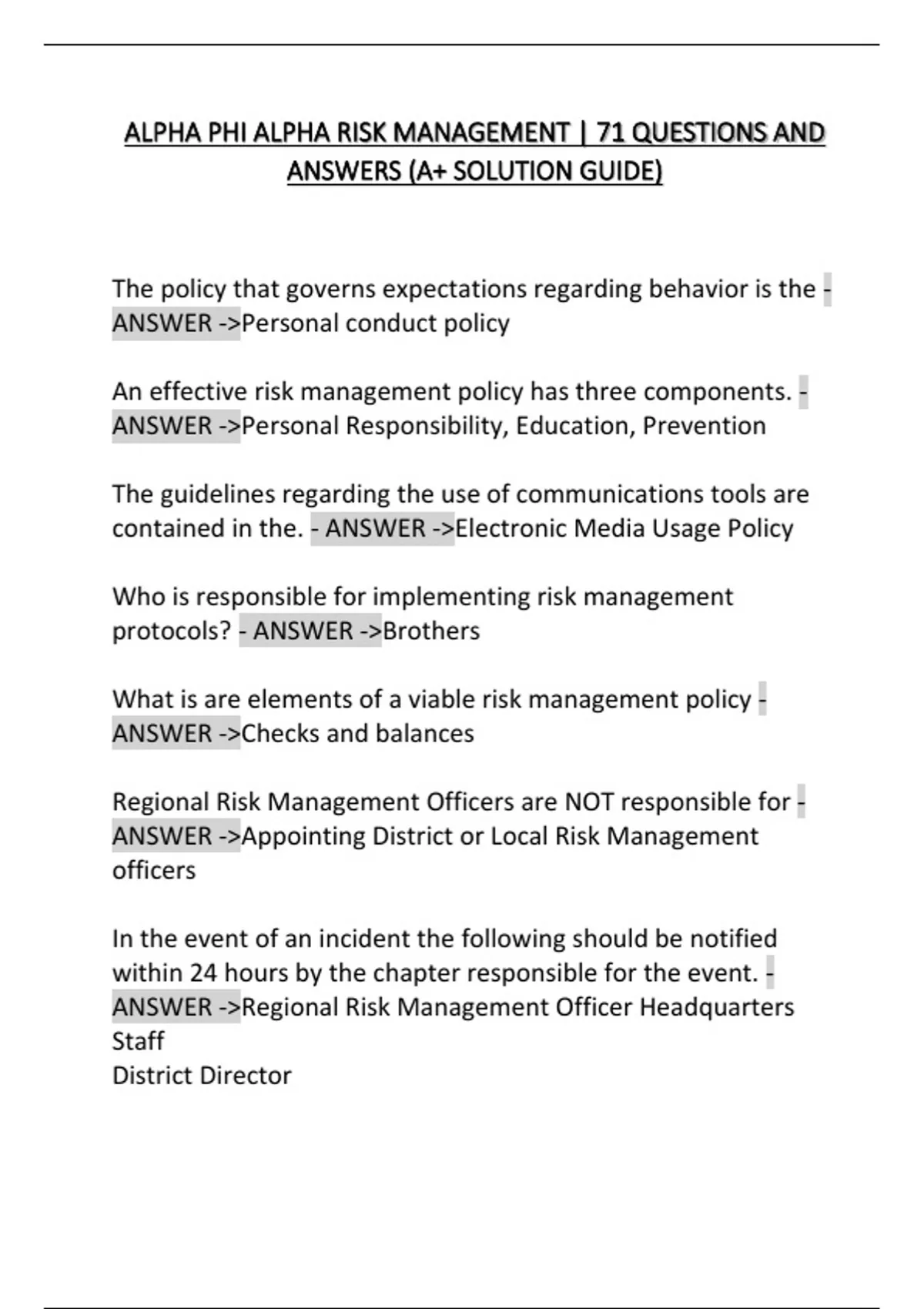 ALPHA PHI ALPHA RISK MANAGEMENT | 71 QUESTIONS AND ANSWERS (A+ SOLUTION GUIDE) - ALPHA PHI ALPHA ...