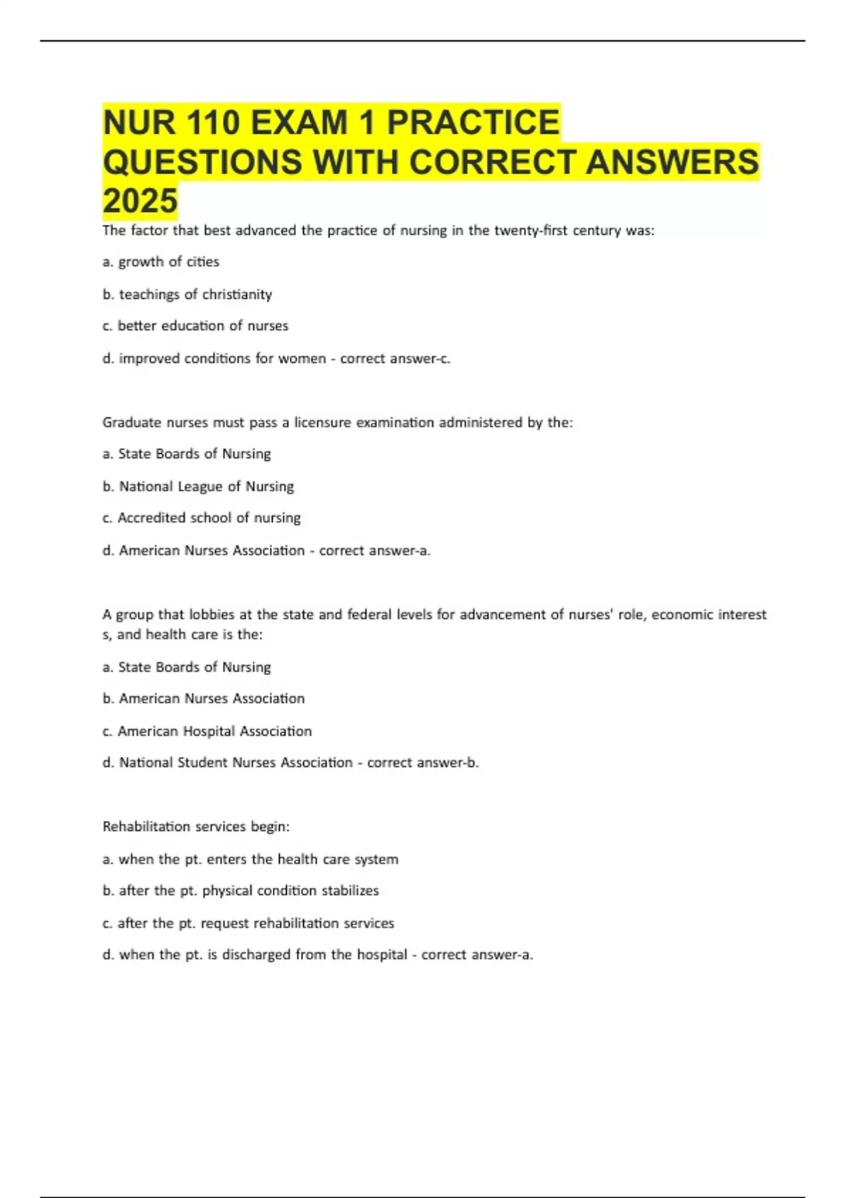 NUR 110 EXAM 1 PRACTICE QUESTIONS WITH CORRECT ANSWERS 2025 - NUR 110 ...