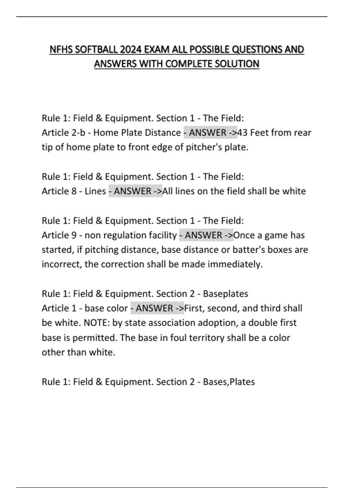 NFHS SOFTBALL 2024 EXAM ALL POSSIBLE QUESTIONS AND ANSWERS WITH ...