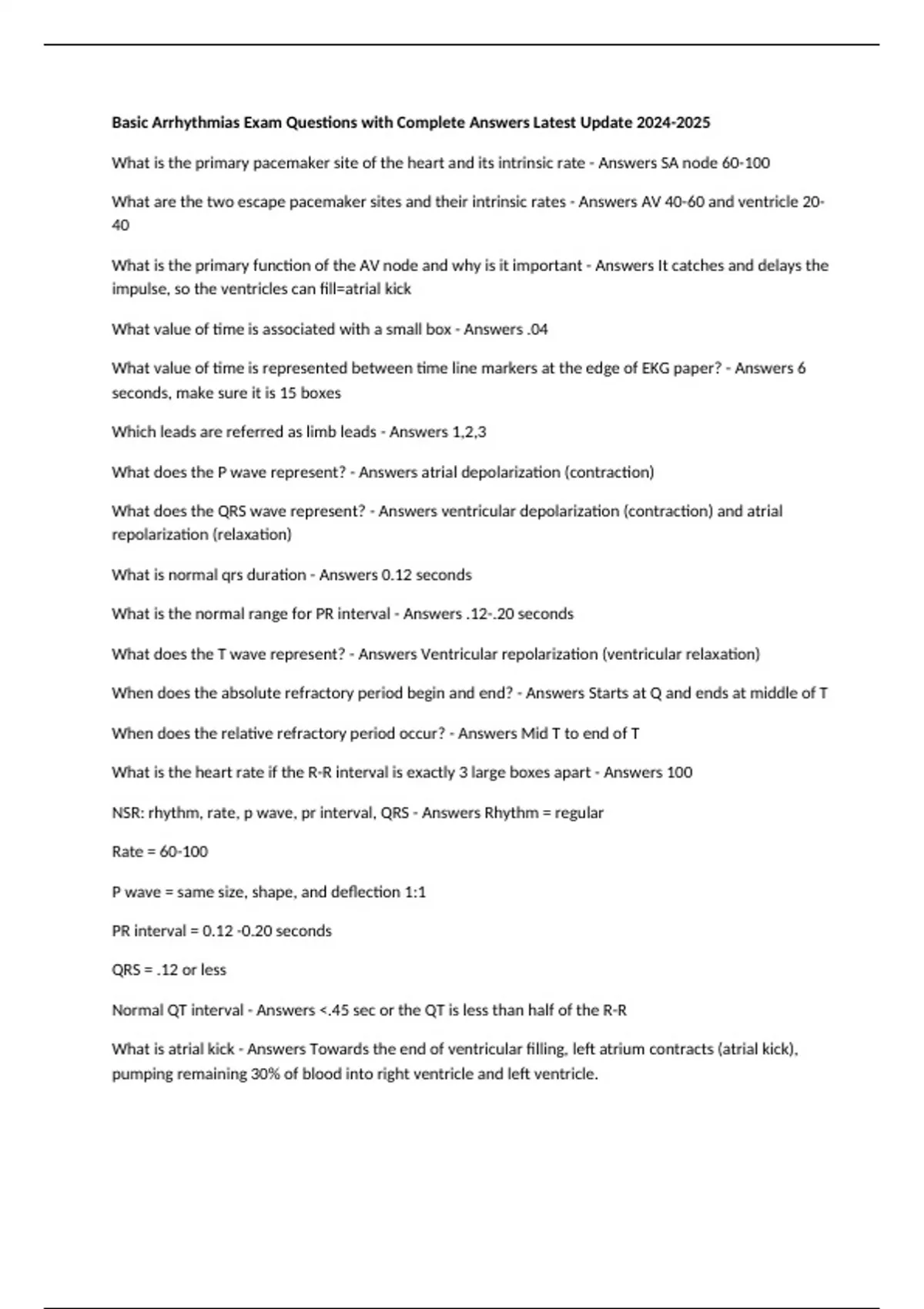 Basic Arrhythmias Exam Questions with Complete Answers Latest Update ...