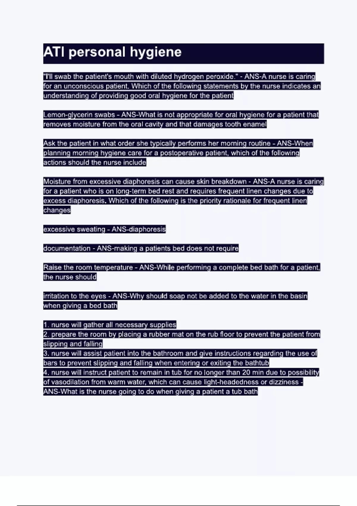 ATI personal hygiene exam questions with correct answers with complete ...