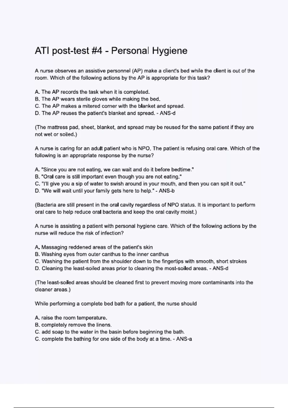 ATI post-test -4 - Personal Hygiene exam questions with correct answers ...